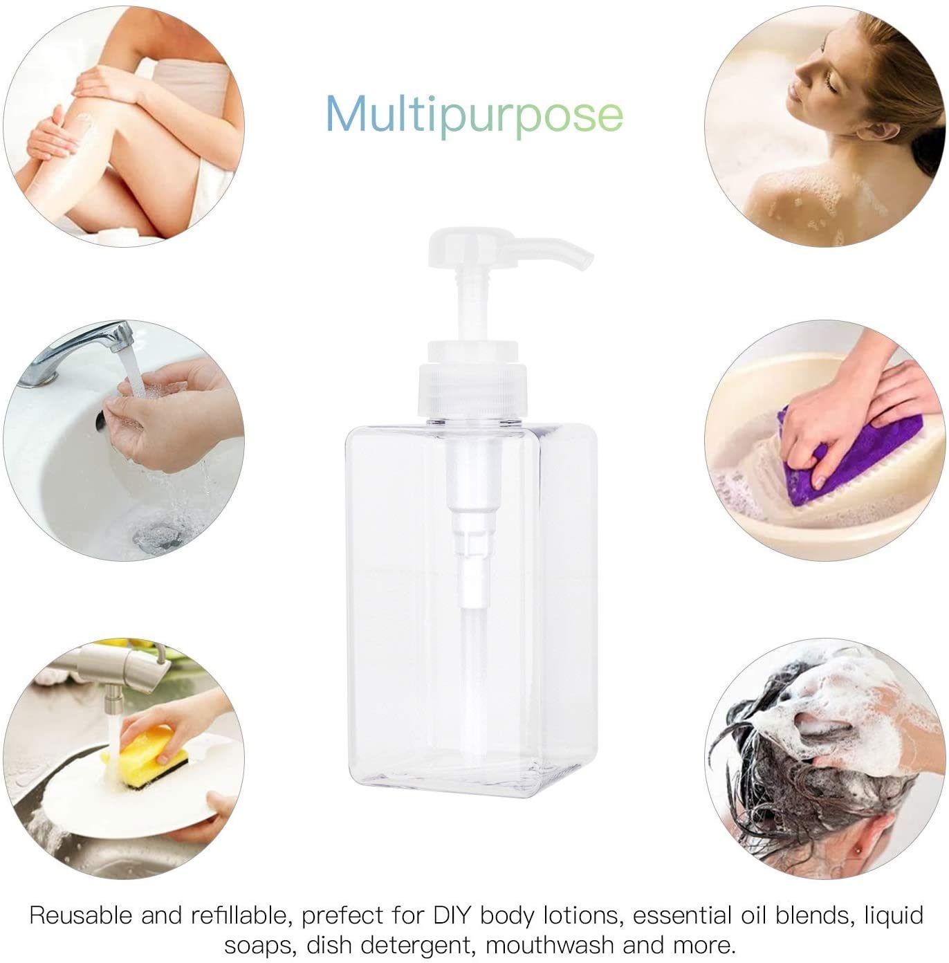 Pump Bottle, 15oz/450ml Refillable Plastic Empty Lotion Soap Dispenser Liquid Container for Shampoo or Body Wash, 2 Pack Clear