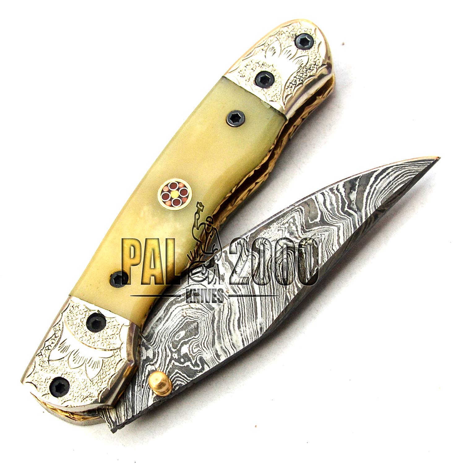 PAL 2000 KNIVES Handmade Folding knife - Damascus Pocket Knife - For Men - with Camel Bone Handle - Custom Pocket Knife - for - Camping - Fishing - Outdoor - and EDC - 9680