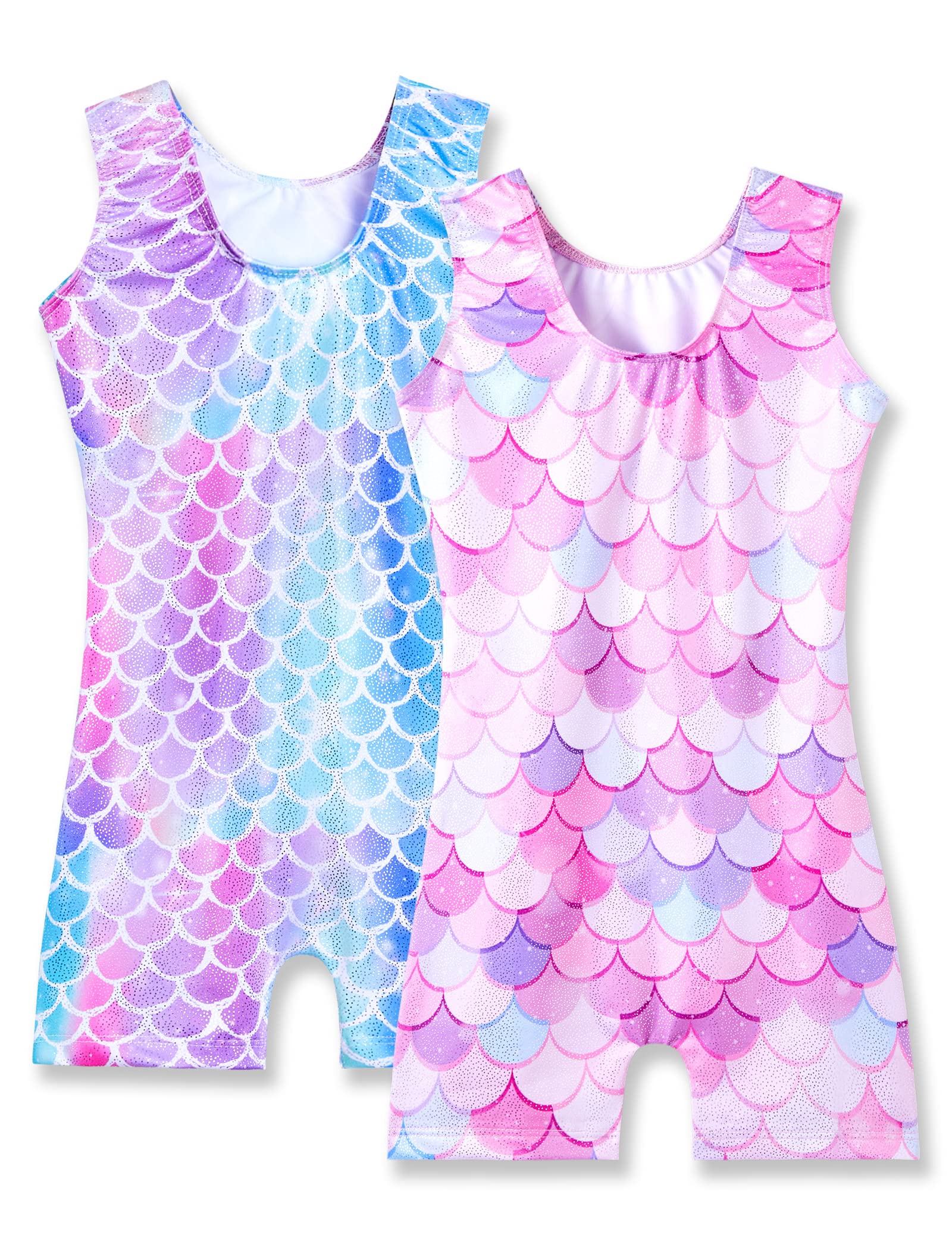 Nymphperi Girls Gymnastics Leotards Size 6-7 Years Old Sparkly Blue Pink Mermaid Scale Biketards with Shorts for Children Practice Workout