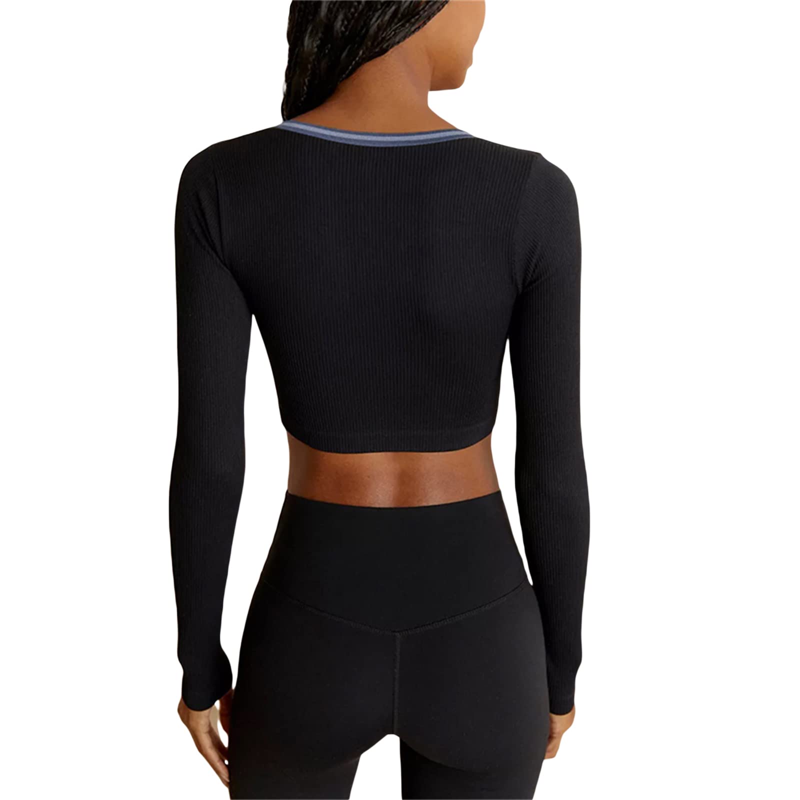 Y2k Square Neck Crop Top for Women Long Sleeve Ribbed Slim Shirts Solid Workout Yoga Tee Tops(05-Cropped Black,S)