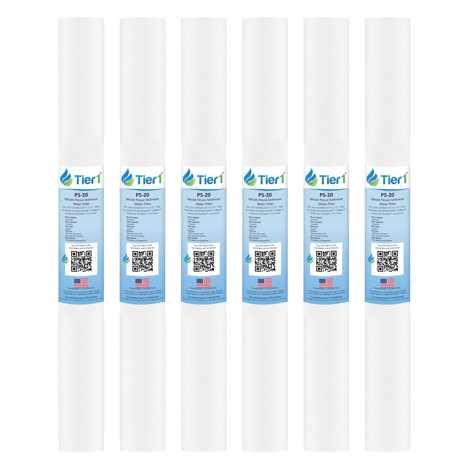 Tier1 5 Micron 20 Inch x 2.5 Inch | 6-Pack Spun Wound Polypropylene Whole House Sediment Water Filter Replacement Cartridge | Compatible with Pentek P5-20, 155016-43, SDF-25-2005, Home Water Filter