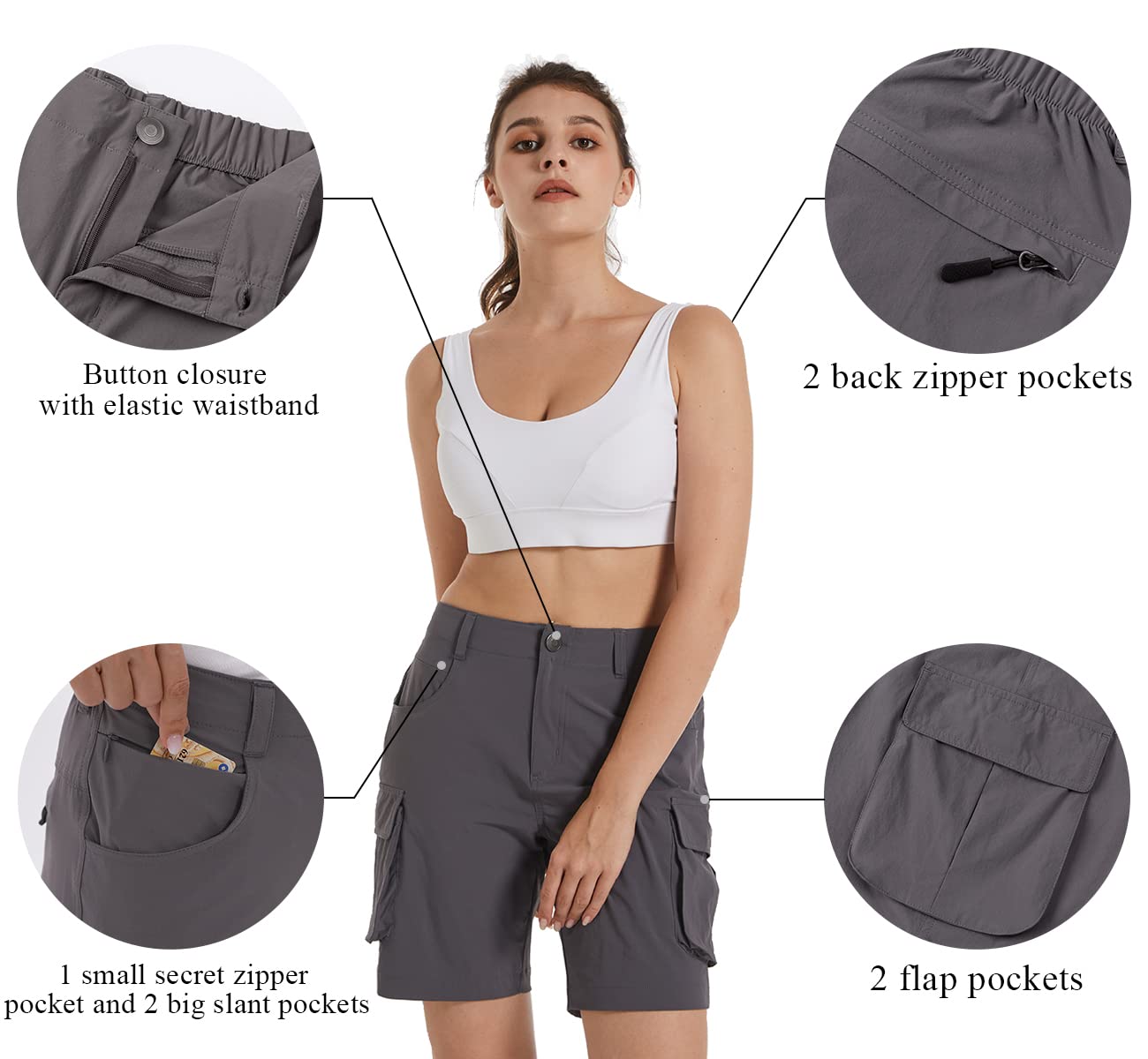 UPSOWER Womens Hiking Shorts with Pockets - Lightweight Quick Drying Cargo Shorts for Summer(Graphite Grey XXL)