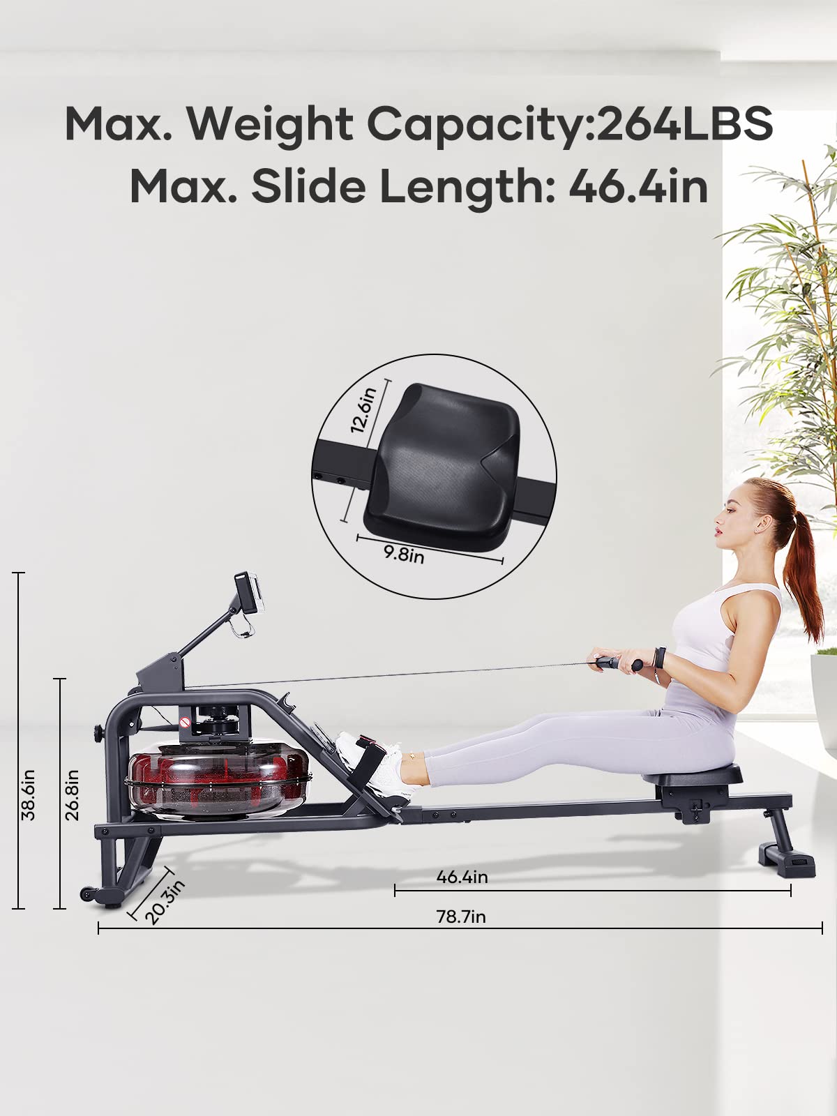 Water Rowing Machine for Home Use Adjustable LCD Monitor Water Rower Machine Foldable Rowing Exercise Equipment Whole Body Fitness Exercise Cardio Training with Phone Holder Large Seat Cushion
