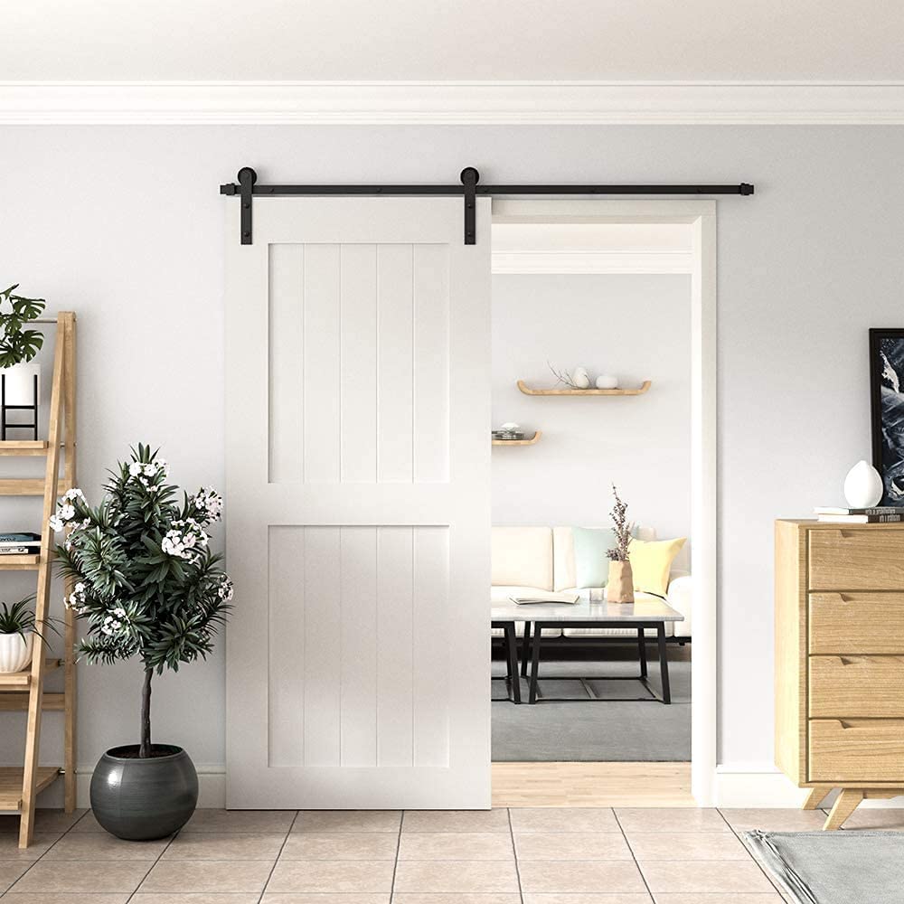 WINSOON 5FT Black Straight Design Sliding Roller Barn Single Wood Door Hardware Closet Track Kit with 30in x 84 in Sliding Barn Door