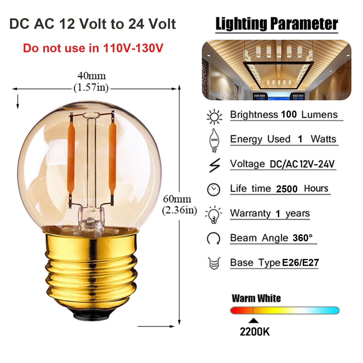 Sphoon 12volt 24Volt LED Light Bulb 1W Edison Filament Vintage ac/dc12V 24V Low Voltage (Yellow Warm 2200K) E26 Base for Landscape RV Camper Marine Battery Power System Off Grid Solar Lighting 6pack