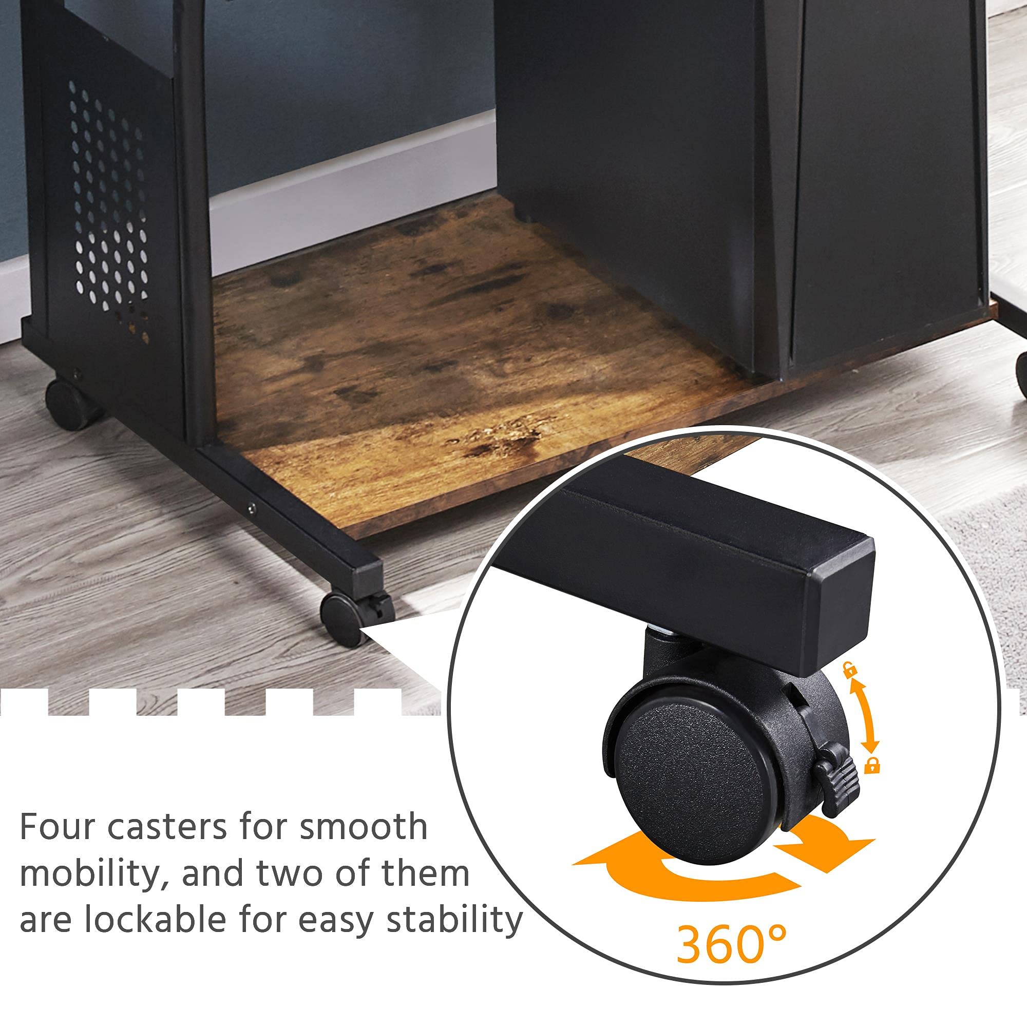 Topeakmart 3 Tiers Rolling Computer Desk with Power Outlet and USB Ports for Space Saving, Home Office Desk with Keyboard Tray and Printer Shelf on Wheels, Laptop PC Workstation Table, Rustic Brown