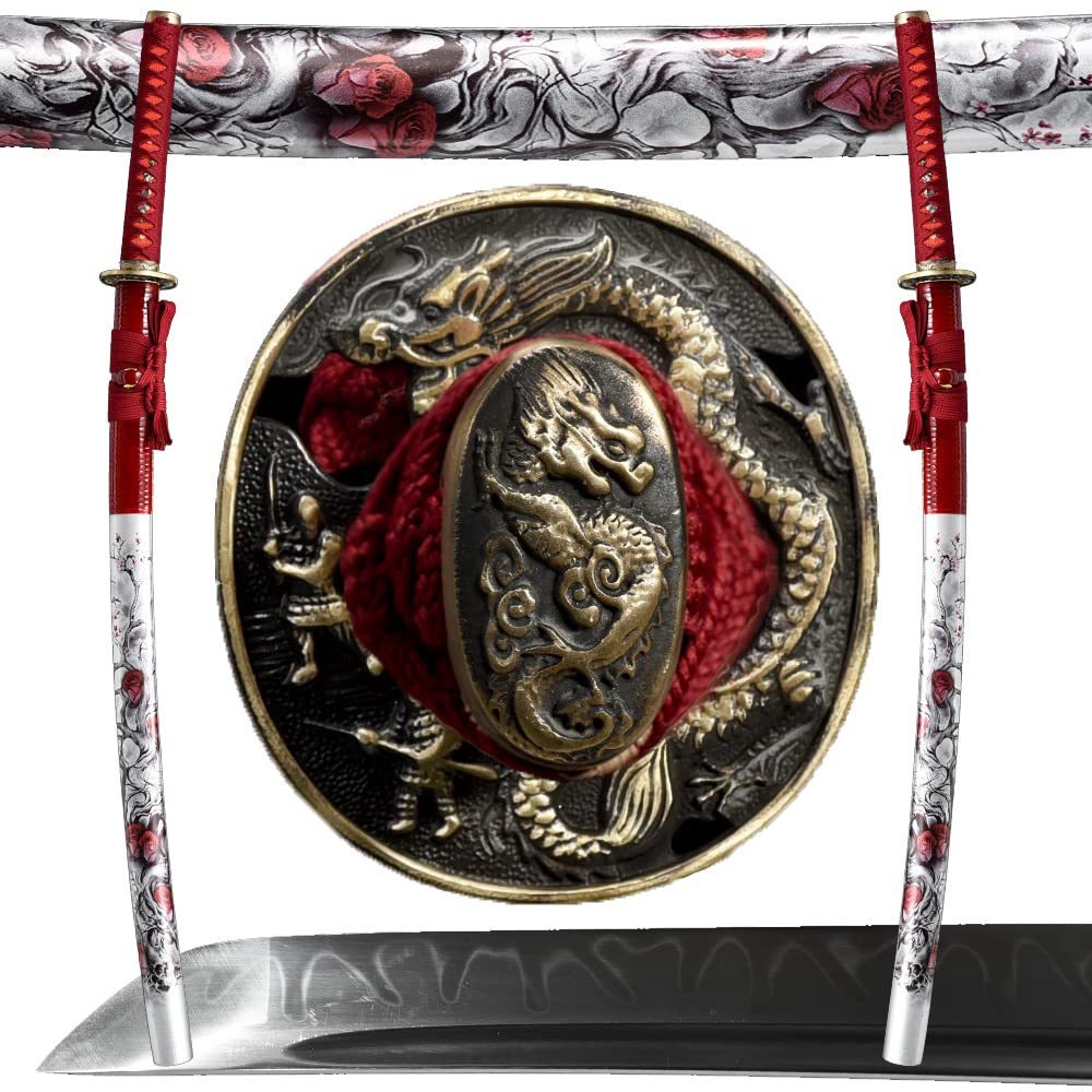 Real Japanese Samurai Katana Sword 1095/T10High Carbon Steel Heat Tempered/Clay Tempered, Full Tang Dragon Tsuba,Full Tang,Functional Sharp…