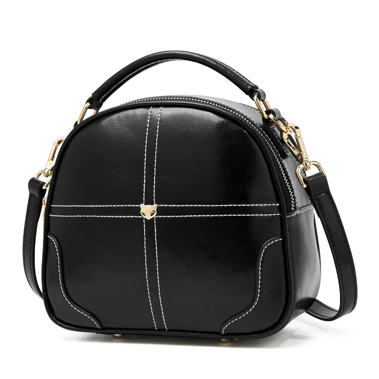 Small Leather Handbags for Women, Genuine Leather Ladies Mini Top-handle Zipper Bags with 2 Type Adjustable Shoulder Strap Women's Fashion Messenger Chain Bags Girls Casual Compact Satchel (Black)