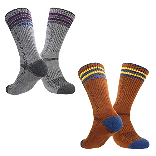Tom & Mary Men’s Hiking Socks, Cotton (84%), Long Crew, Moisture Wicking, Half Double Cushioned, Lightweight (4 Pairs) (Large Size 11-14)