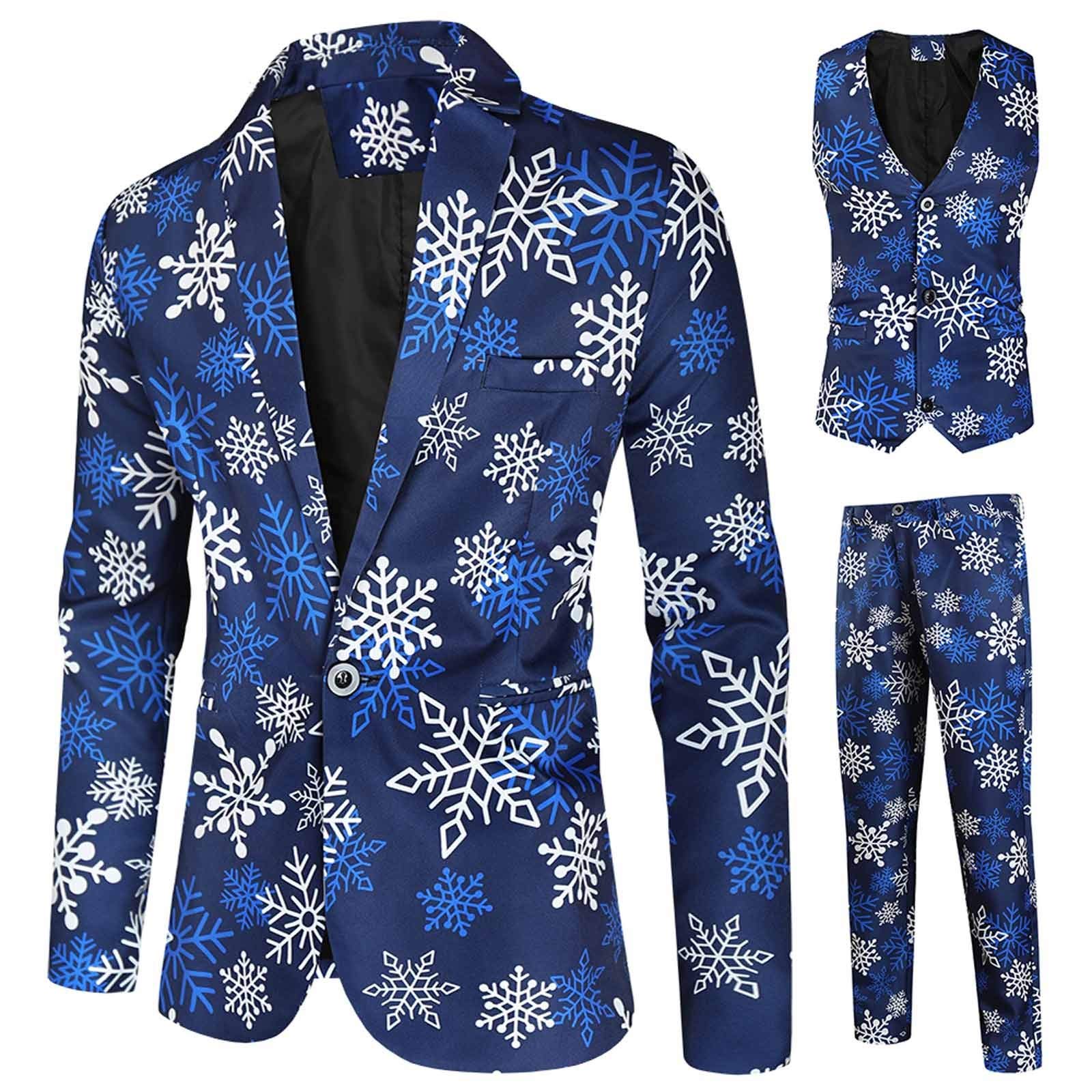 Nzwiluns Suits for Men 2 Piece,Slim Fit One Button Christmas Snowflake Jacket Blazer Party Wedding Tuxedo Tux & Pants & Vest Multi Color
