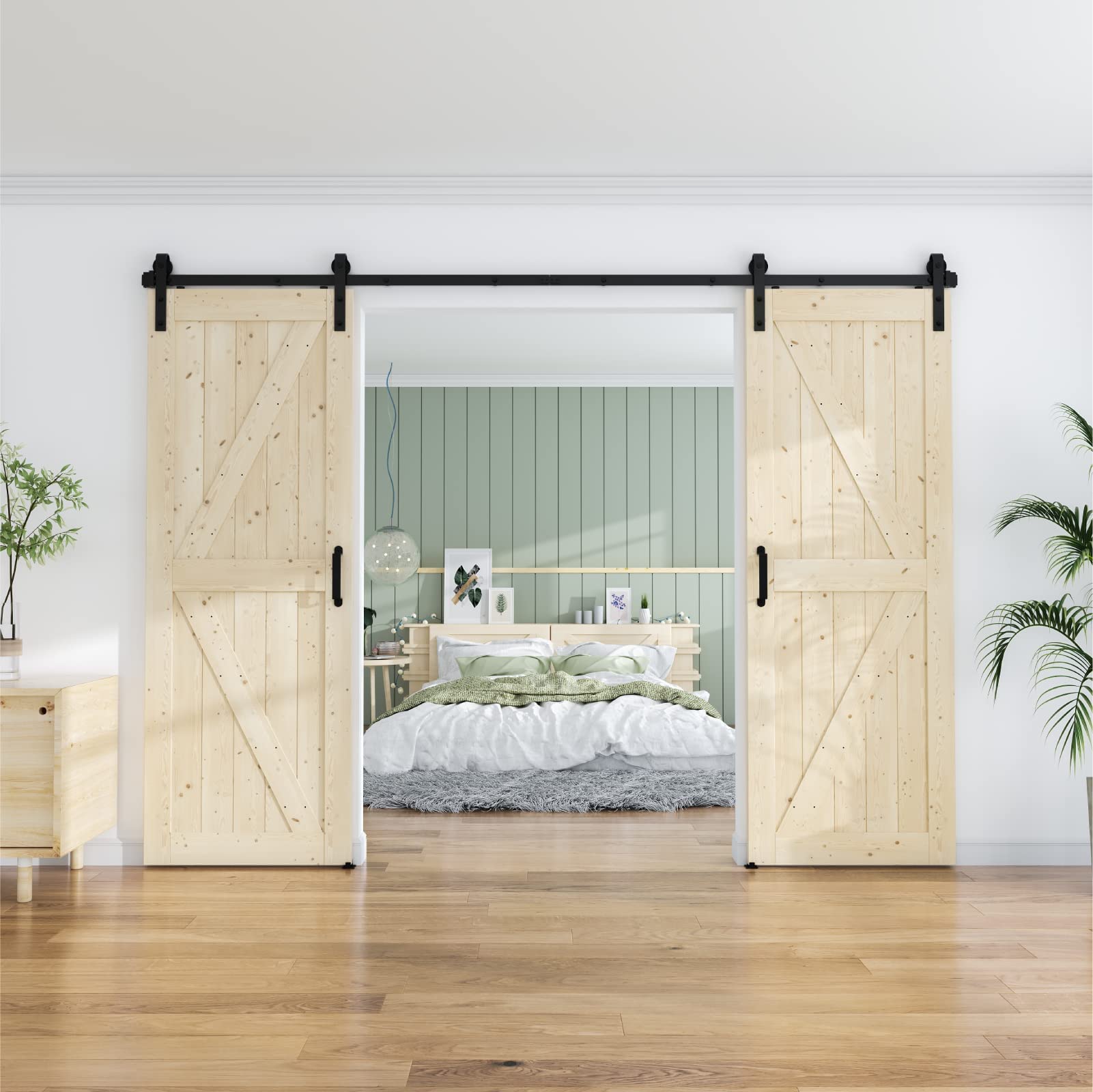 WINSOON 6FT Single Wood Sliding Barn Door Hardware Kit Basic Black Big Spoke Wheel Roller Garage Closet Carbon Steel Flat Track System with 36 x 84 inch Sliding Barn Door