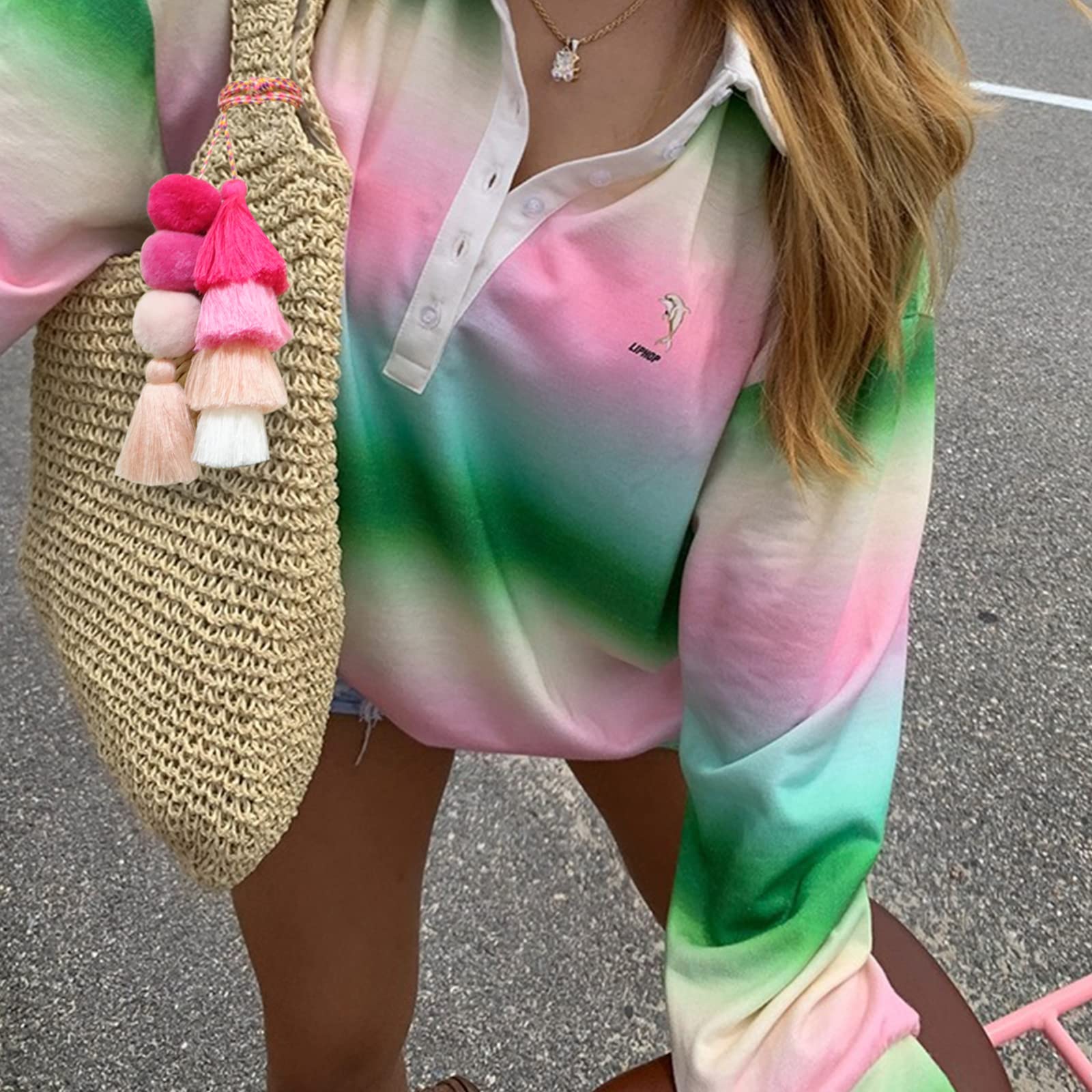 QTKJ Colorful Bohemian Pompom Tassel Keychain Handbags Straw Bag Charms Ornaments Key Ring Pompom Pendant(Pink 1)