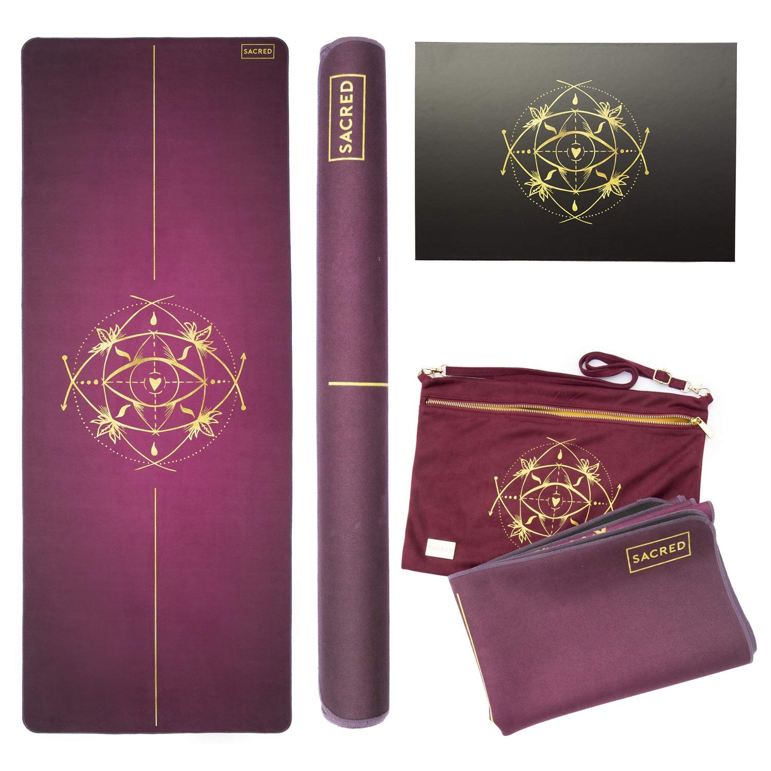 SACRED Travel Portable Yoga Mat | Extra Grip & Foldable Mat with Pouch | Extra Long, Lighter & Eco-Friendly Mat | Comfortable 1.5mm Thick Exercise Mat with Central Alignment Lines (Burgundy)