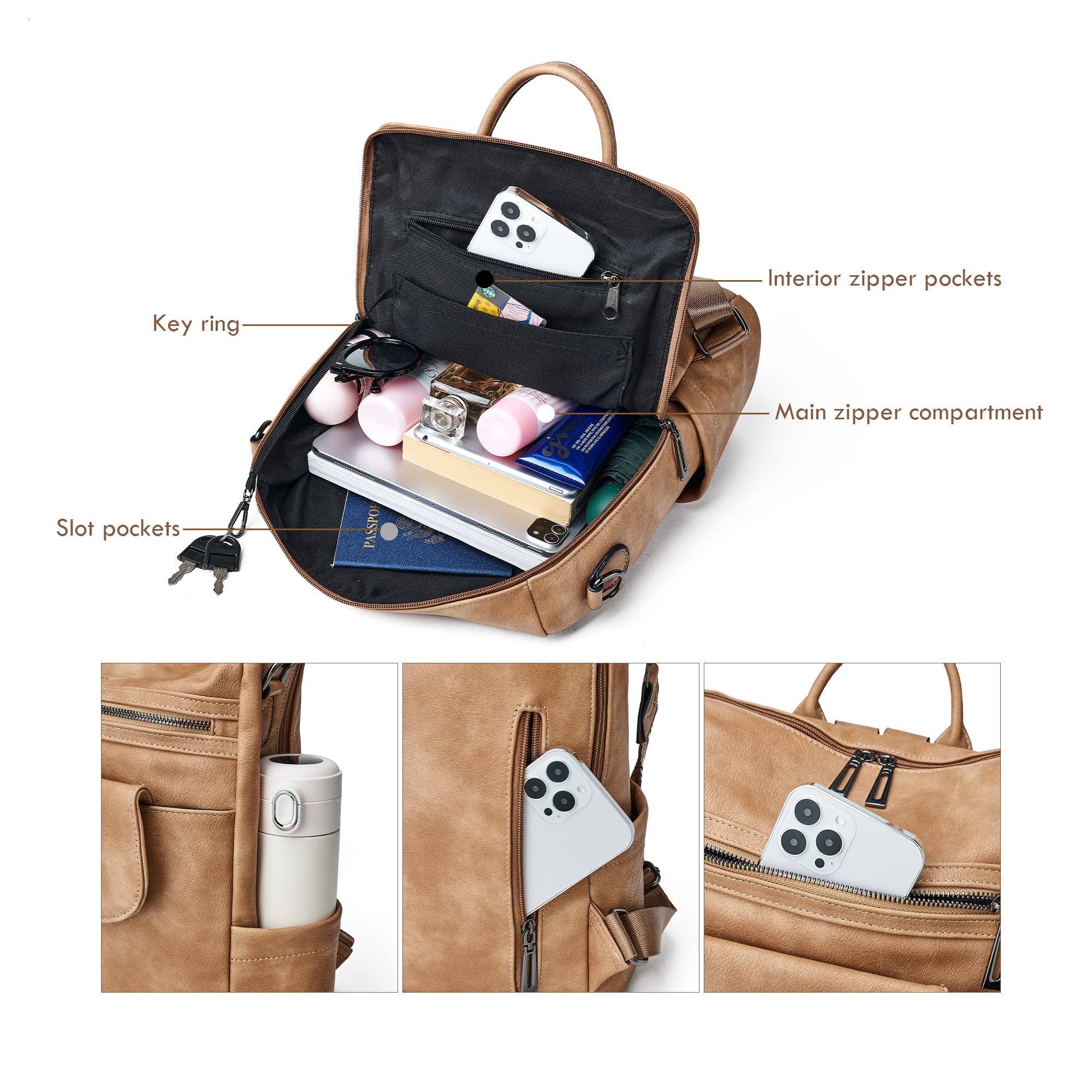 OPAGE Leather Backpack Purse for Women Fashion Designer Ladies Shoulder Bags Travel Backpack With Wristlet