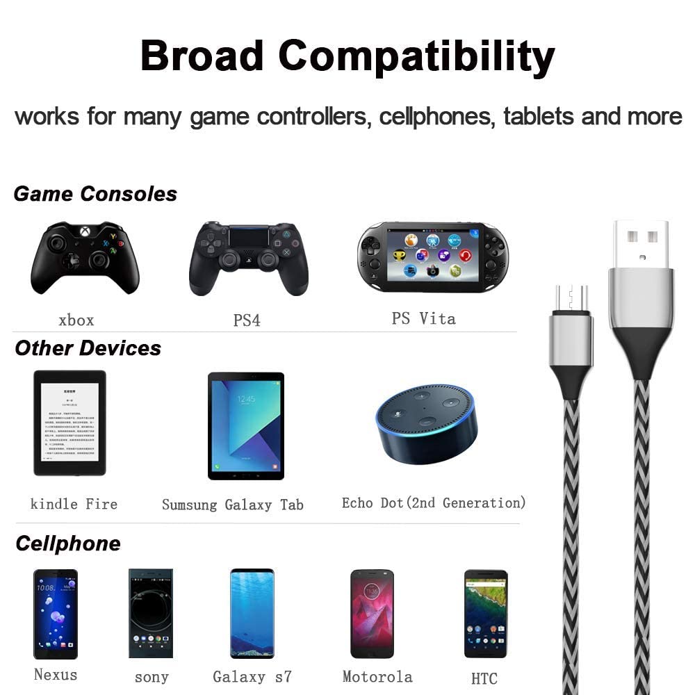 TPLTECH 2 Pack 10 Ft Charger Cable Compatible with PS4 Controller, PS4 Slim/Pro, Xbox One S/X Controller, Nylon Braided Charging Cable, Extra Long Micro USB Cable
