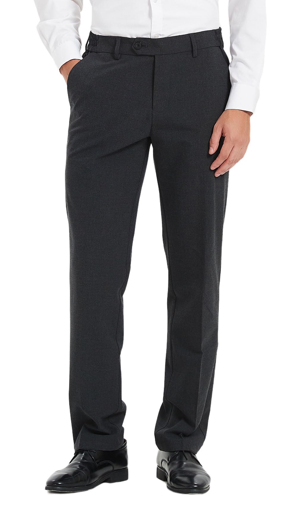Plaid&Plain Men's Dress Pants with Elastic Waistband and Stretchy Fabric Straight Fit 9802-Charcoal-34WX32L