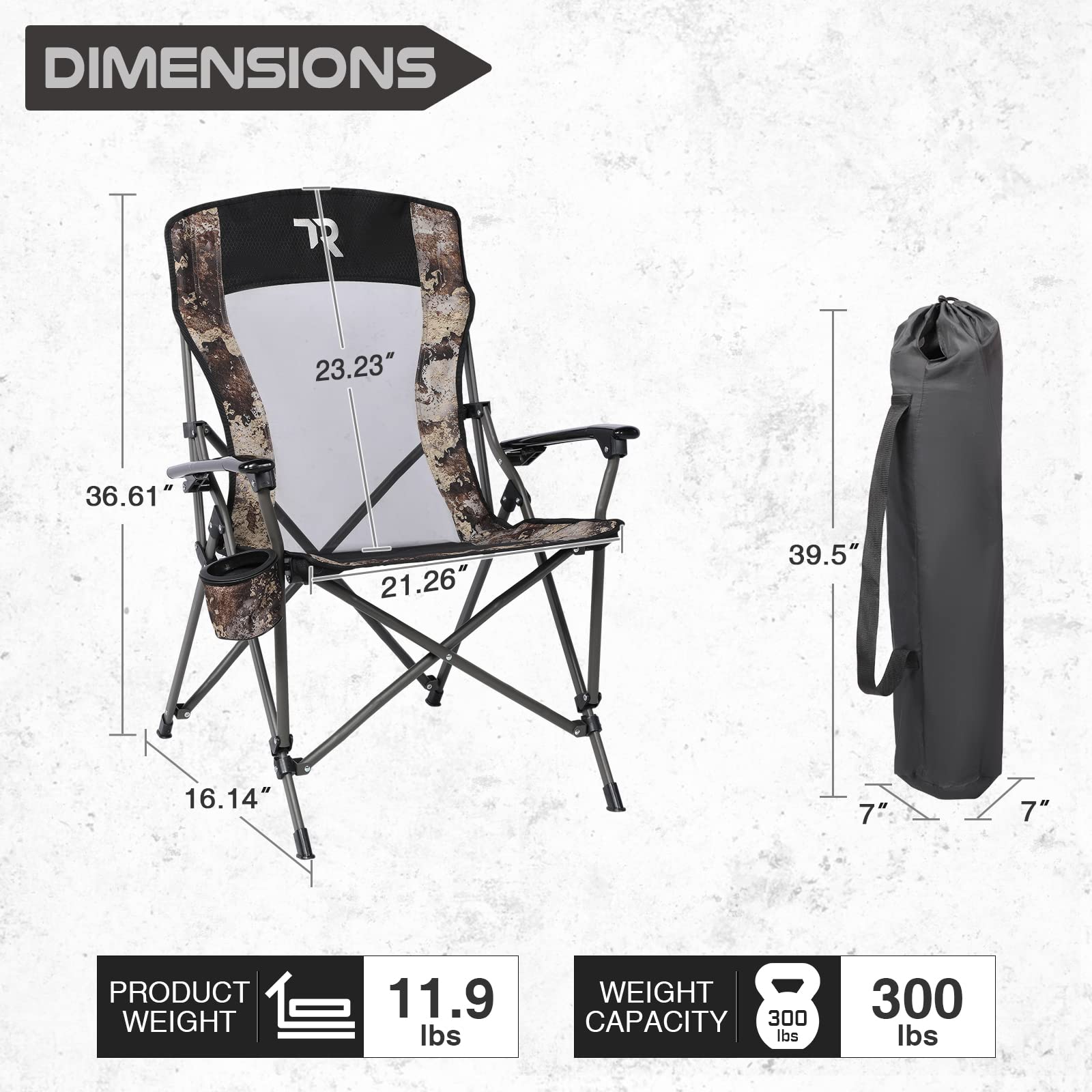 TR Foldable Camping Chair Hard Arms, Portable Lawn Chair for Adults,Outdoor Chairs Heavy Duty with Mesh Backrest Cup Holder,Support to 300LBS (Camo)