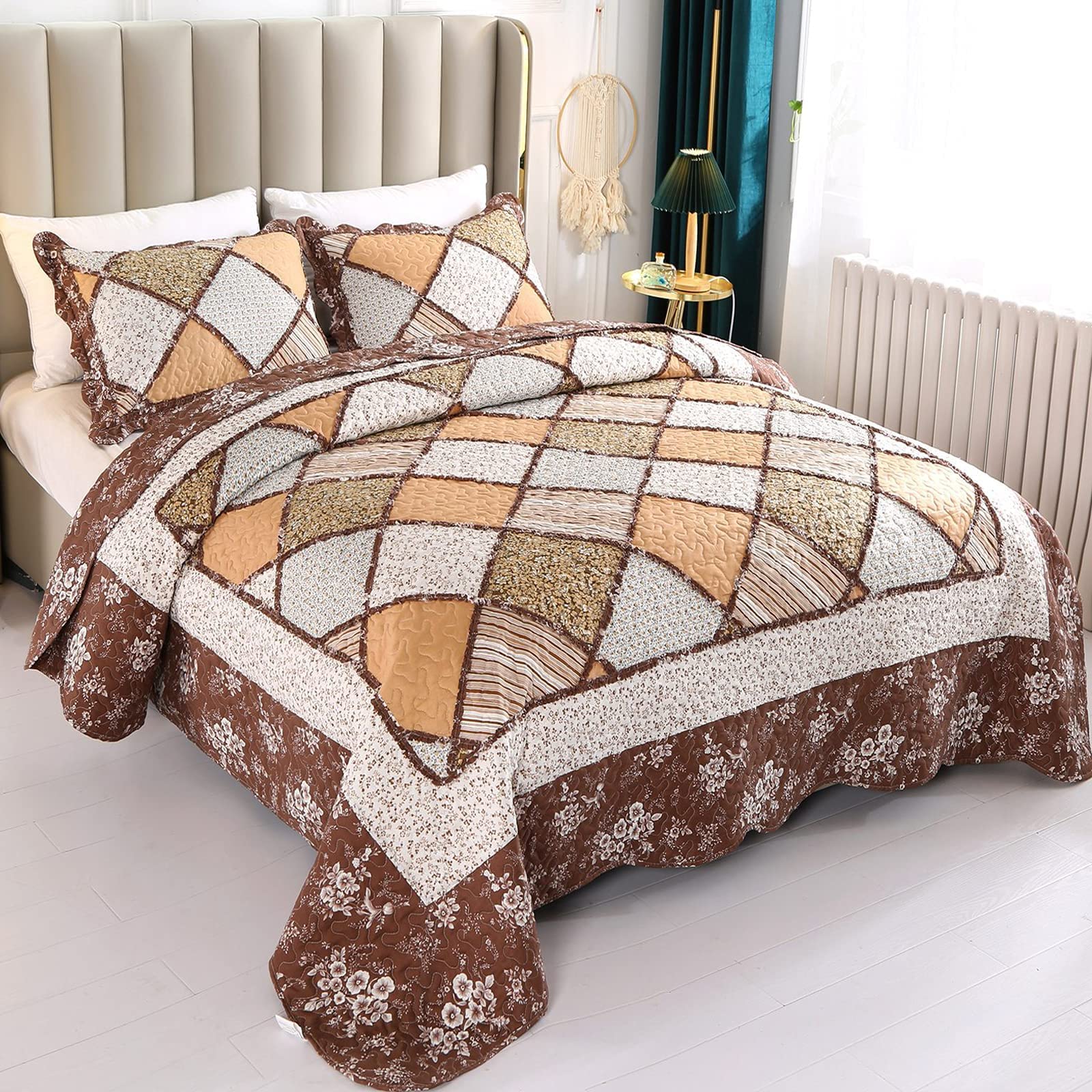 VIVILINEN Patchwork Quilt Set Queen Size 3-Piece Reversible Quilted Bedspread Coverlet Set Floral Stitched Comforter Bedding Set Bed Cover Throw Blanket with 2 Pillow Shams for All Season