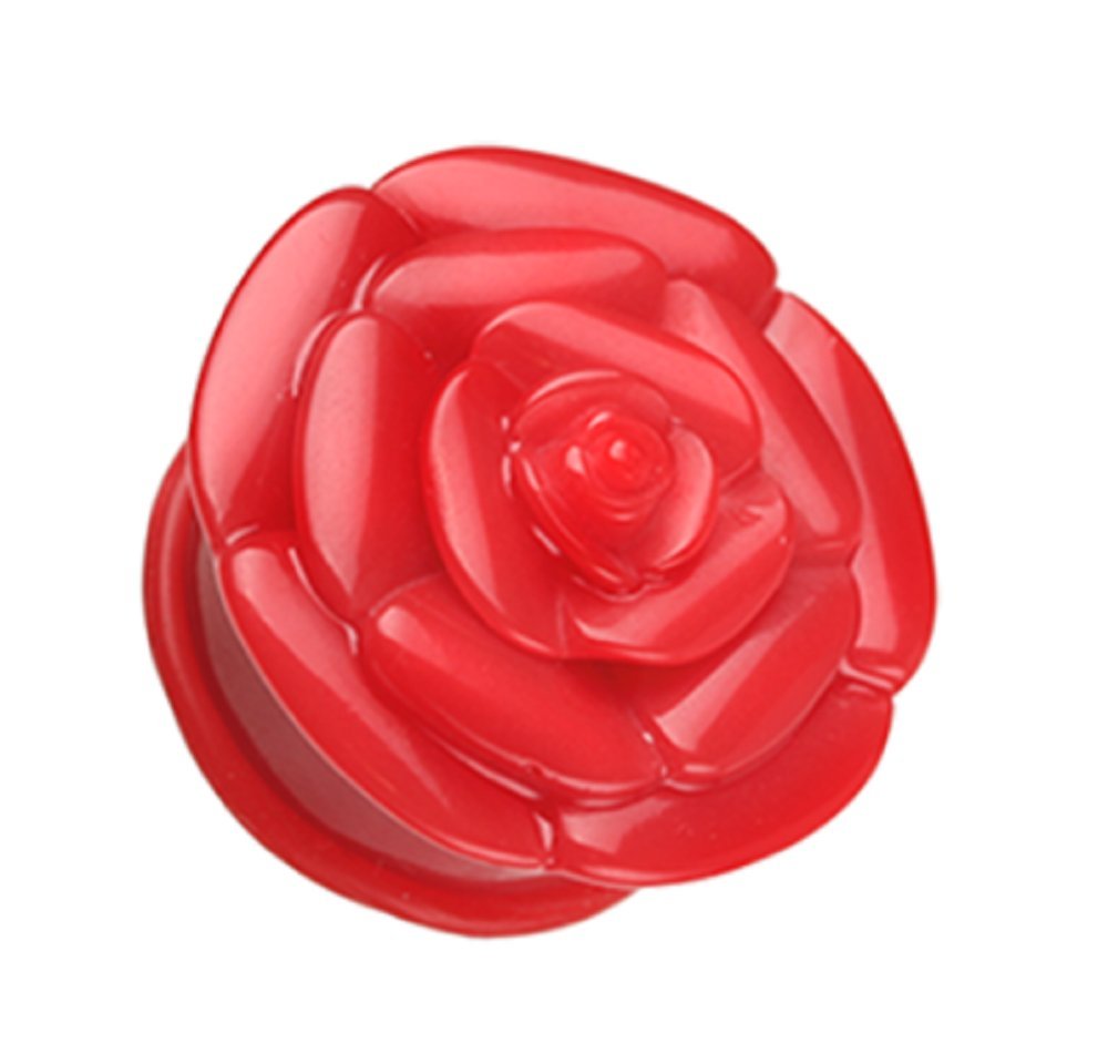 Rose Blossom Flower Single Flared Ear Gauge Freedom Fashion Plug (Sold by Pair) (0 GA, Red)