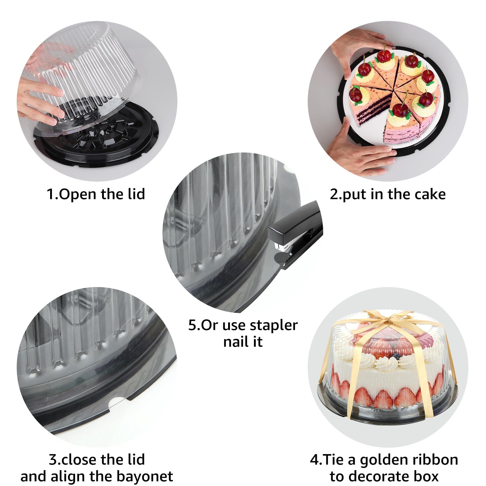 QTLCOHD 10 Pcs 10 Inch Disposable Plastic Cake Container Carrier with Clear Dome Lid Thickened Cake Boards Cake Box Straps Clear Plastic Cake Carrier for Transport, Storing, Displaying Cakes