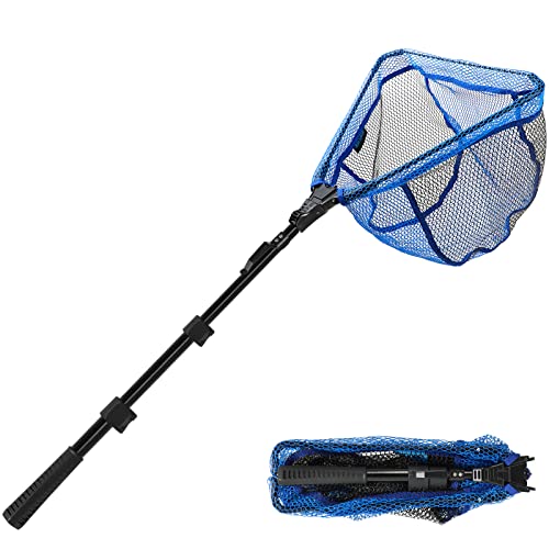 SANLIKE Fishing Landing Net Blue Extend to 43 in with Telescoping Pole Handle, Fiberglass Landing Net for Easy Catch Release,Rubber Coated Landing Net for Easy Catch Release
