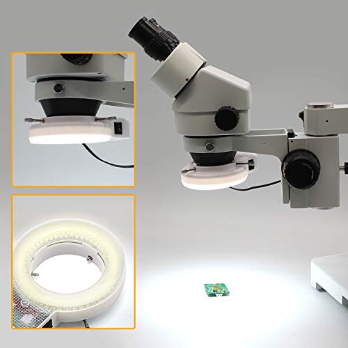 SWIFT S7 Professional Binocular Stereo Zoom Microscope,WF10X Eyepieces,3.5X-90X Magnification 0.7X-4.5X Objective,56-Bulb LED Ring Light, Single-Arm Boom Stand,0.5X and 2X Barlow Lens
