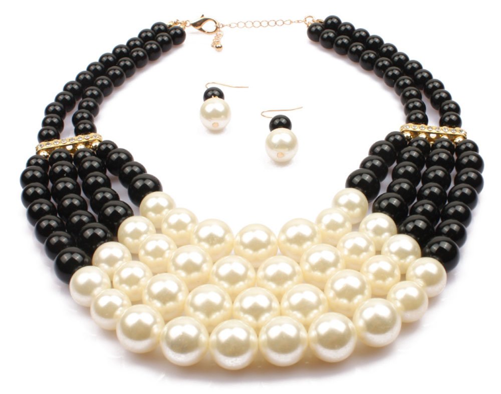 Shineland Elegant Handmade Multilayer Faux Pearl Bead Cluster Collar Bib Choker Necklace and Earrings Suit (Orange)