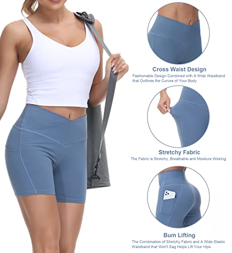 Women's Cross Waist Workout Shorts Tummy Control Spandex Athletic Biker Shorts with Deep Pockets Black