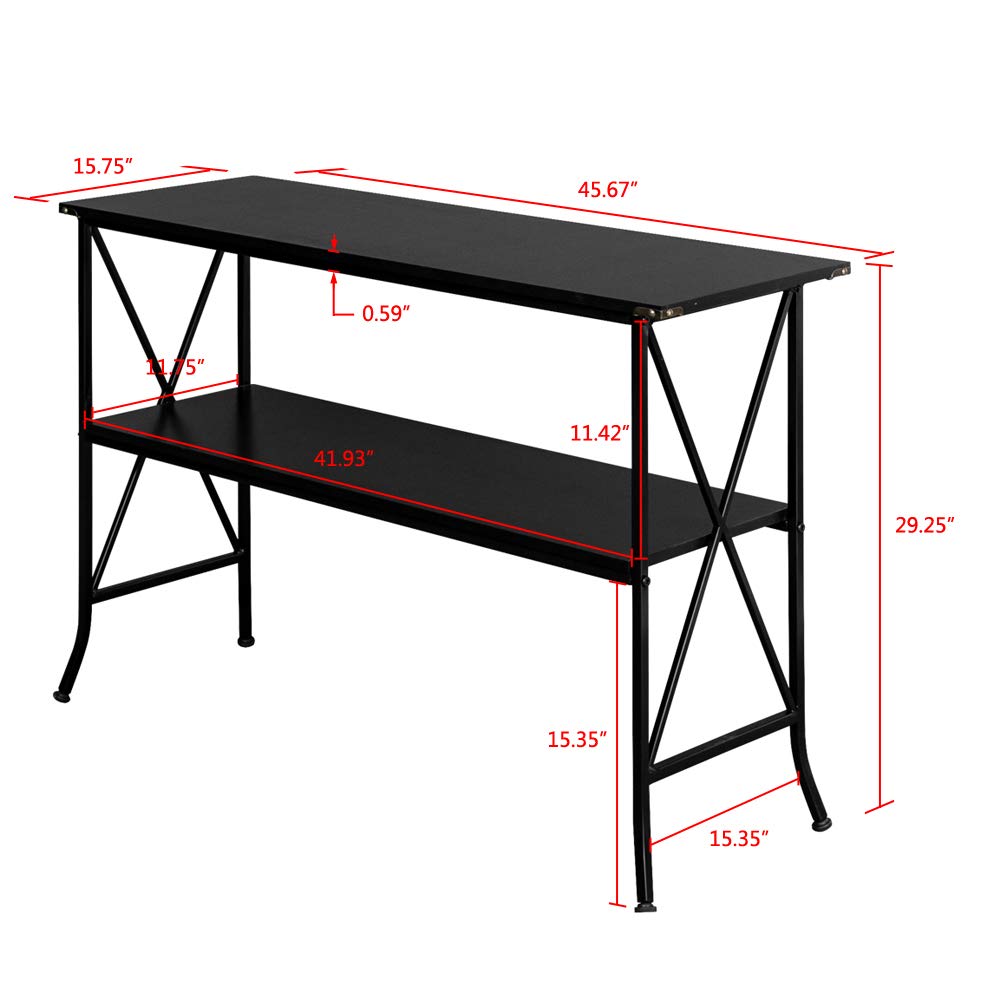 SSLine 2-Shelf Wood Sofa Console Table Classic X-Design Entryway Accent Tables 15.7" W Black Finish Hall Table Home Office Occasional Bookcase Display Shelves Organizer w/Metal Frame, Easy Assembly