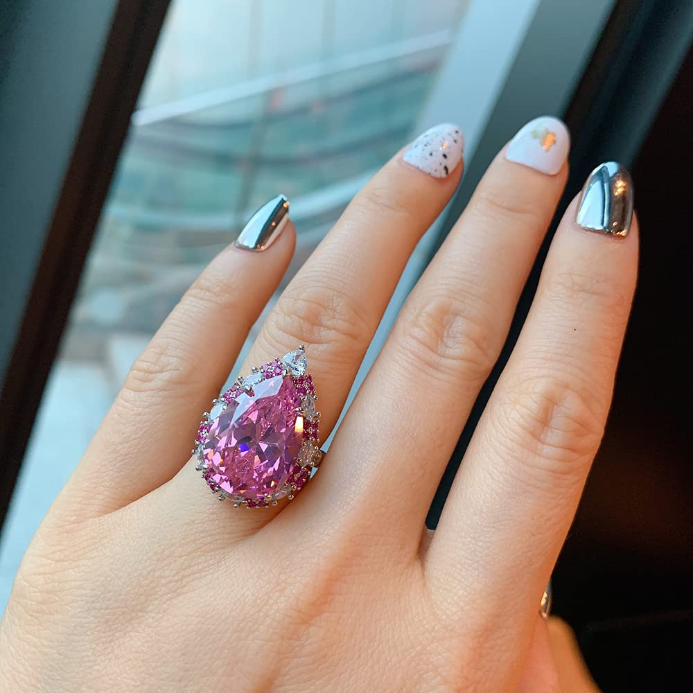 Women's Engagement Ring, S925 Silver Wedding Ring, Imitation Pink Diamond Ring with Water Drop Gemstone Ring Center Stone 13 * 18 Women's Jewelry with Gift Box (Crystal Adjustable)