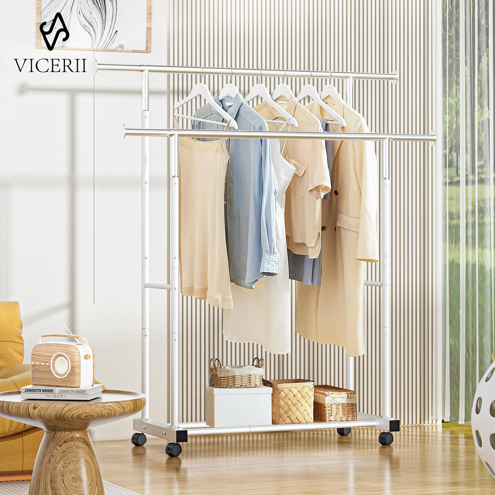 VICERII Double Clothing Rack, 55.51 Inch Garment Rack with Wheels and Bottom Shelf, 130LB Capacity Heavy Duty Rolling Clothes Racks for Hanging Clothes, Coats, Shirts, Sweaters, Skirts, White