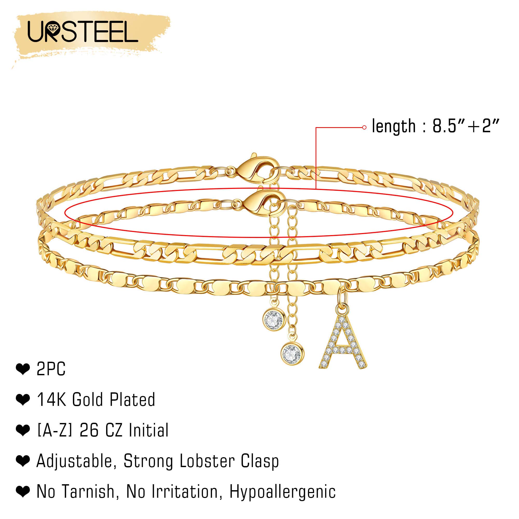 Ursteel Ankle Bracelets for Women, A Initial Anklet 14K Gold Plated Dainty Adjustable Layered Chain CZ Letter A Initial Anklets Set Summer Jewelry Gifts Anklets for Women