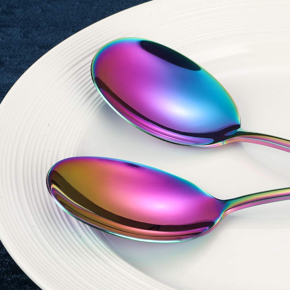 Rainbow Serving Spoons x 4, Rainbow Slotted Spoons x 4, 8.7 inches Rainbow Stainless Steel Serving Spoons Set for Buffet Can Banquet Cooking Kitchen-S (Rainbow4+4)