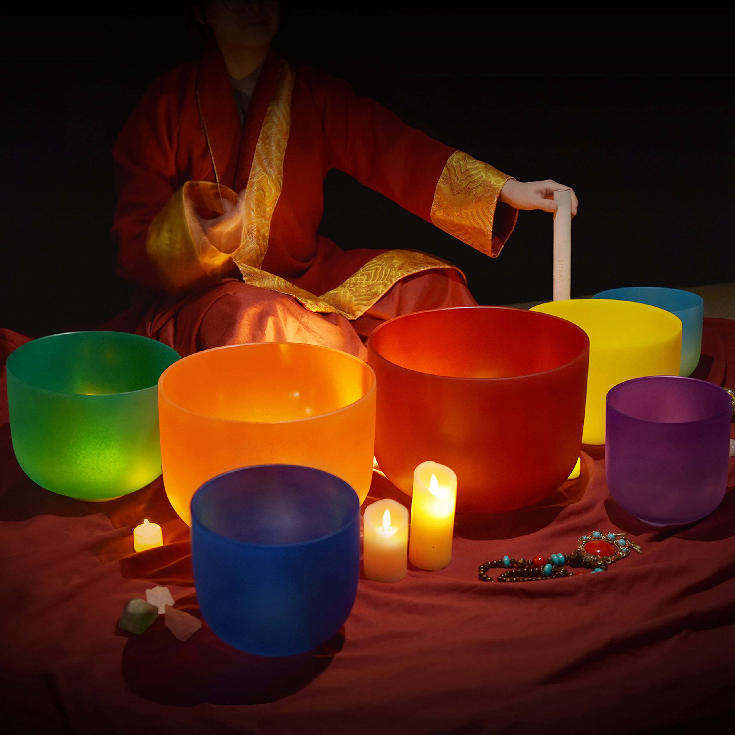 SITSANG Chakra Set of 7 Color Crystal Singing Bowls 6-12 inch with Artificial Leather Carrying Cases and Singing Bowl Suede Striker and Rubber Mallet