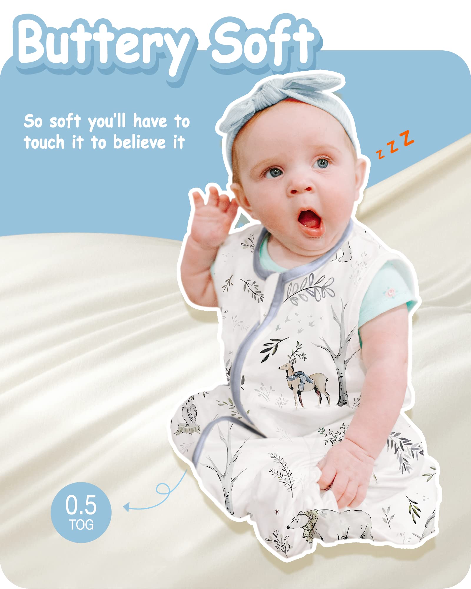 TOTBASIC Baby Sleep Sack 2-Pack, Light & Soft Unisex-Baby Wearable Blanket, 2-Way Safe Zippers Sleepsack for Babies 0-3-6-12-18-24 Months 0.5 TOG
