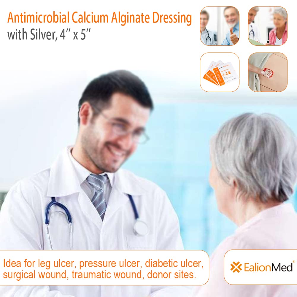 Silver Calcium Alginate Wound Dressing Pad, 4ββx5ββ Patch, High Absorbency Non-Stick Ag Gauze for Pressure Ulcer,Bed Sore,Leg Sore,Diabetic Foot Ulcer, 5 Packs