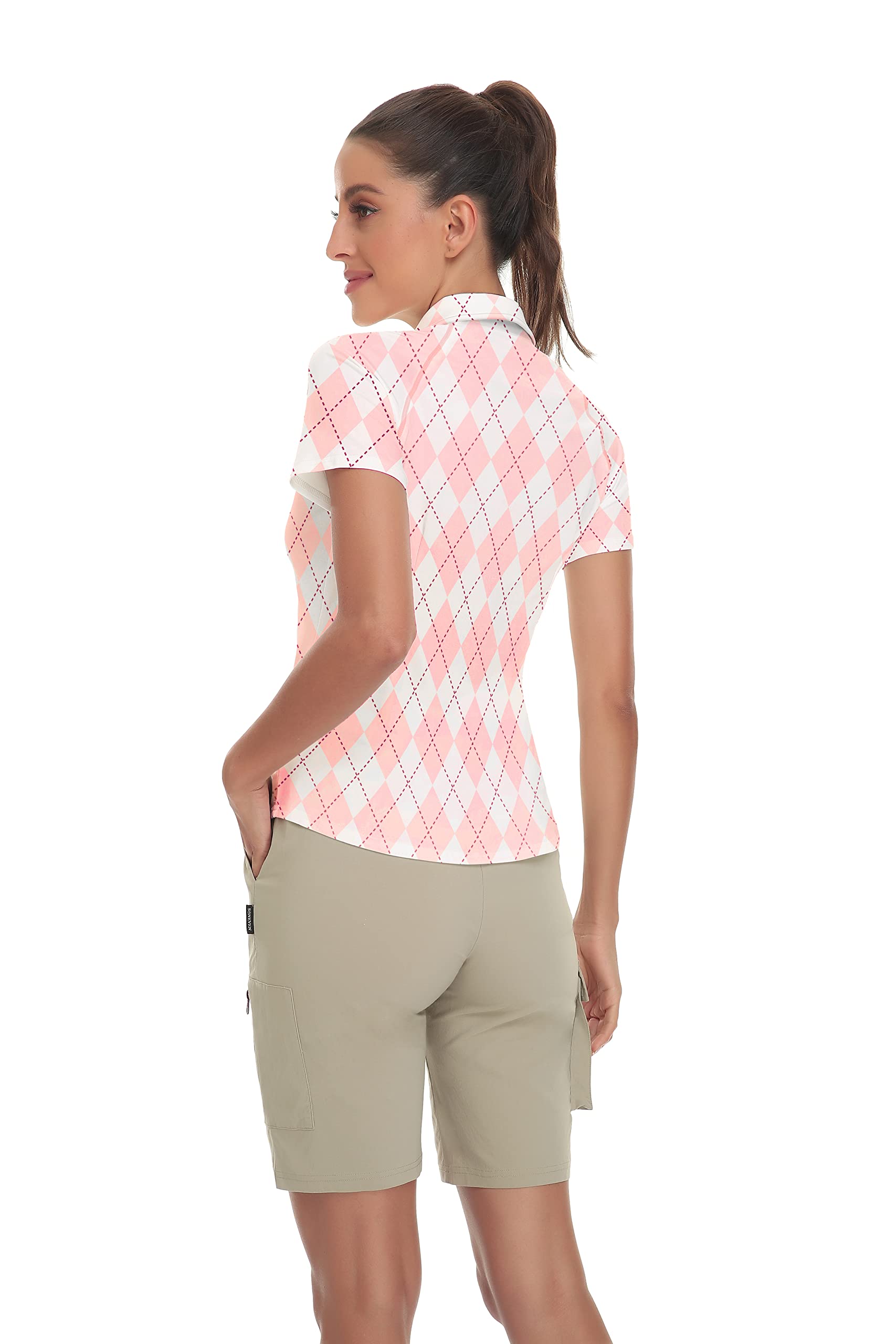 Women's Golf Polo Shirts Short Sleeve Lightweight Quick Dry Athletic Tennis Tops Half Zip Pullover (M, Plaid Pink)