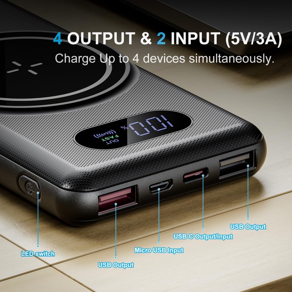 YUMGOOD Magnetic Power Bank for iPhone, 10000mAh Wireless Fast Charging Portable Charger, USB C PD 20W QC3.0 4Output Slim External Battery Pack for iPhone 15 14 13 12 Pro Max/Pro/Plus/Mini