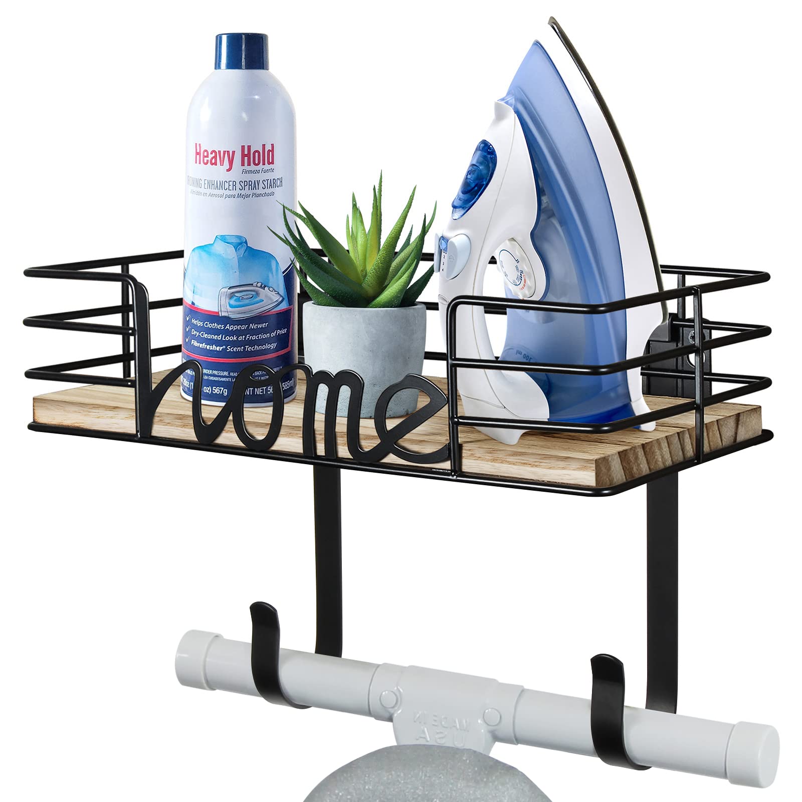 TJ.MOREE Ironing Board Hanger Wall Mount - Laundry Room Decor Iron and Ironing Board Holder with Large Storage Wooden Base Basket and Removable Hooks (Black)