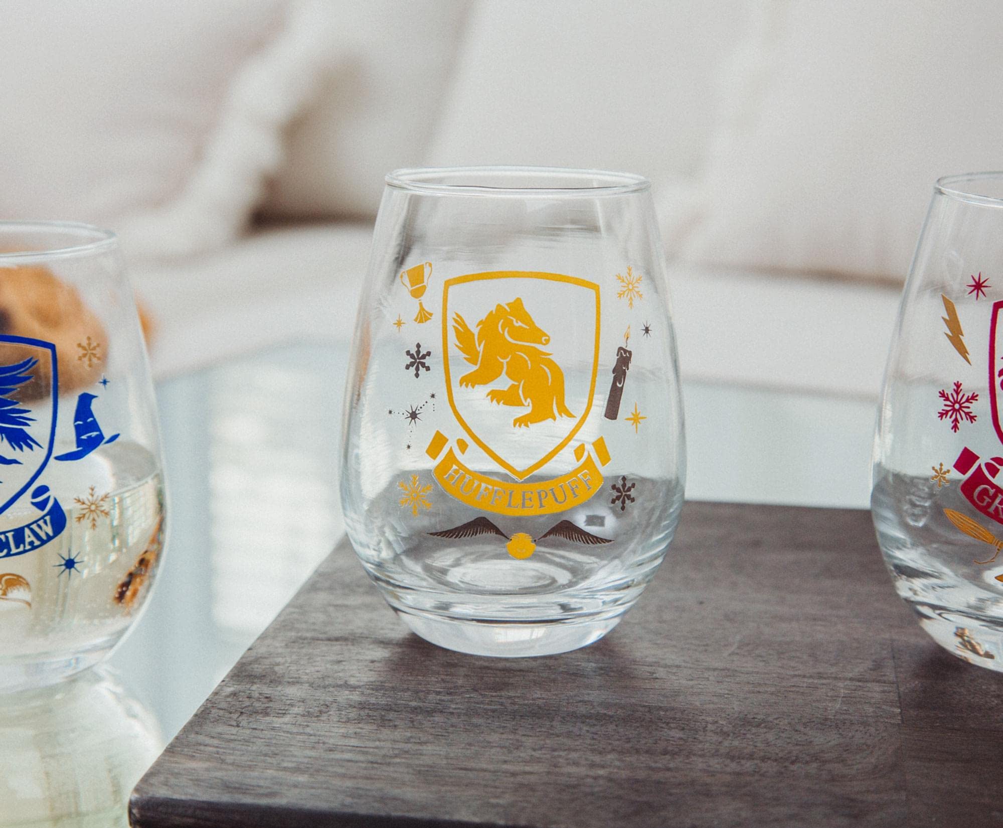 Silver Buffalo Harry Potter Hogwarts House Colors 12-Ounce Stemless Wine Glasses, Set of 4 | Holds 20 Ounces