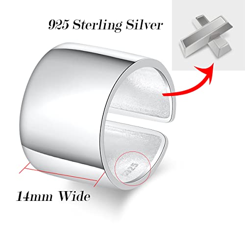 SILBERTALE 14mm Wide 925 Sterling Silver Plain Big Adjustable Open Finger Ring Cuff Thumb Ring Band Fits US Size 5-7