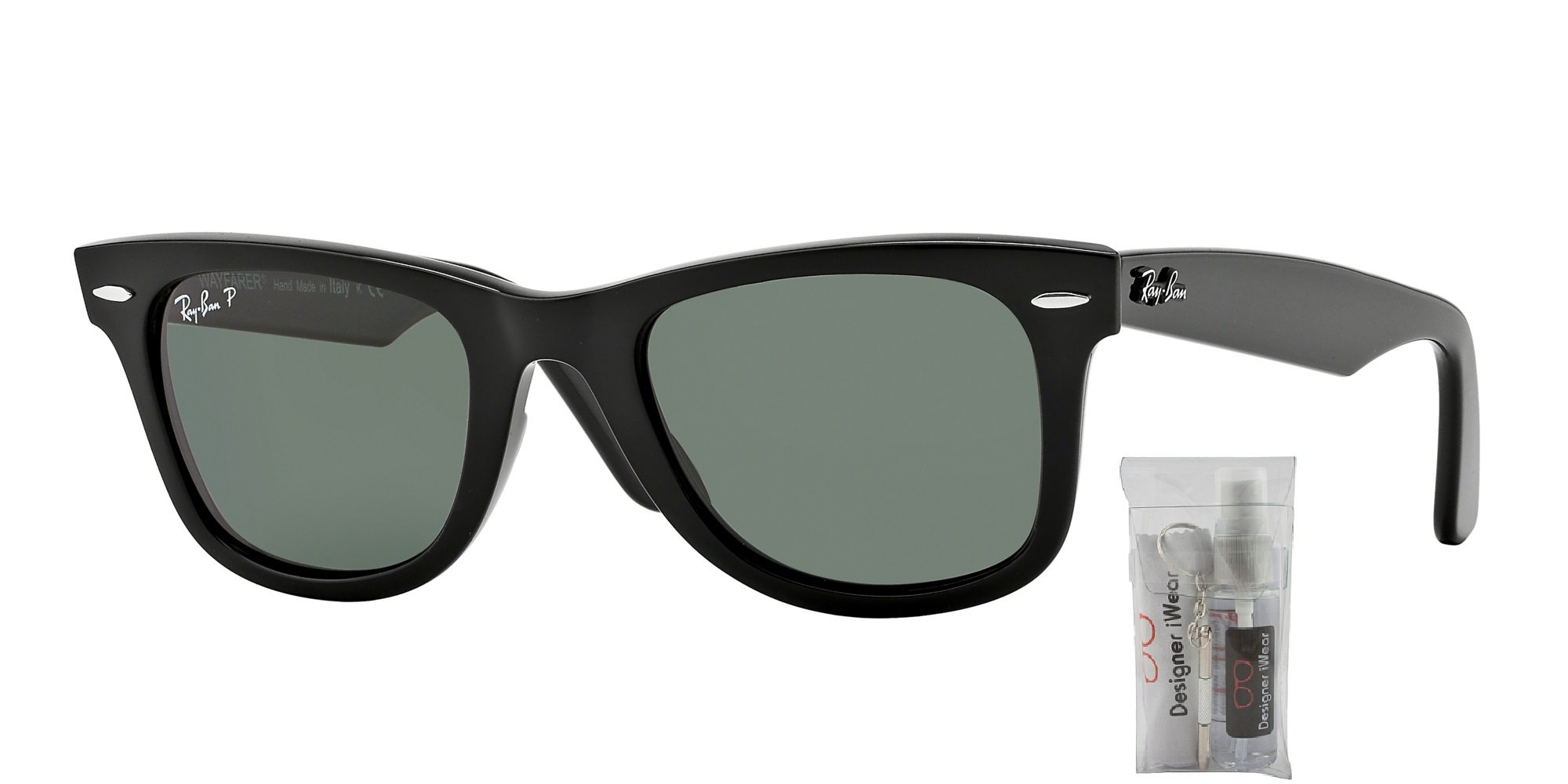 Ray-Ban RB2140 WAYFARER 901/58 50M Black/Green Polarized Square Sunglasses For Men For Women + BUNDLE with Designer iWear Eyewear Kit (LARGE)