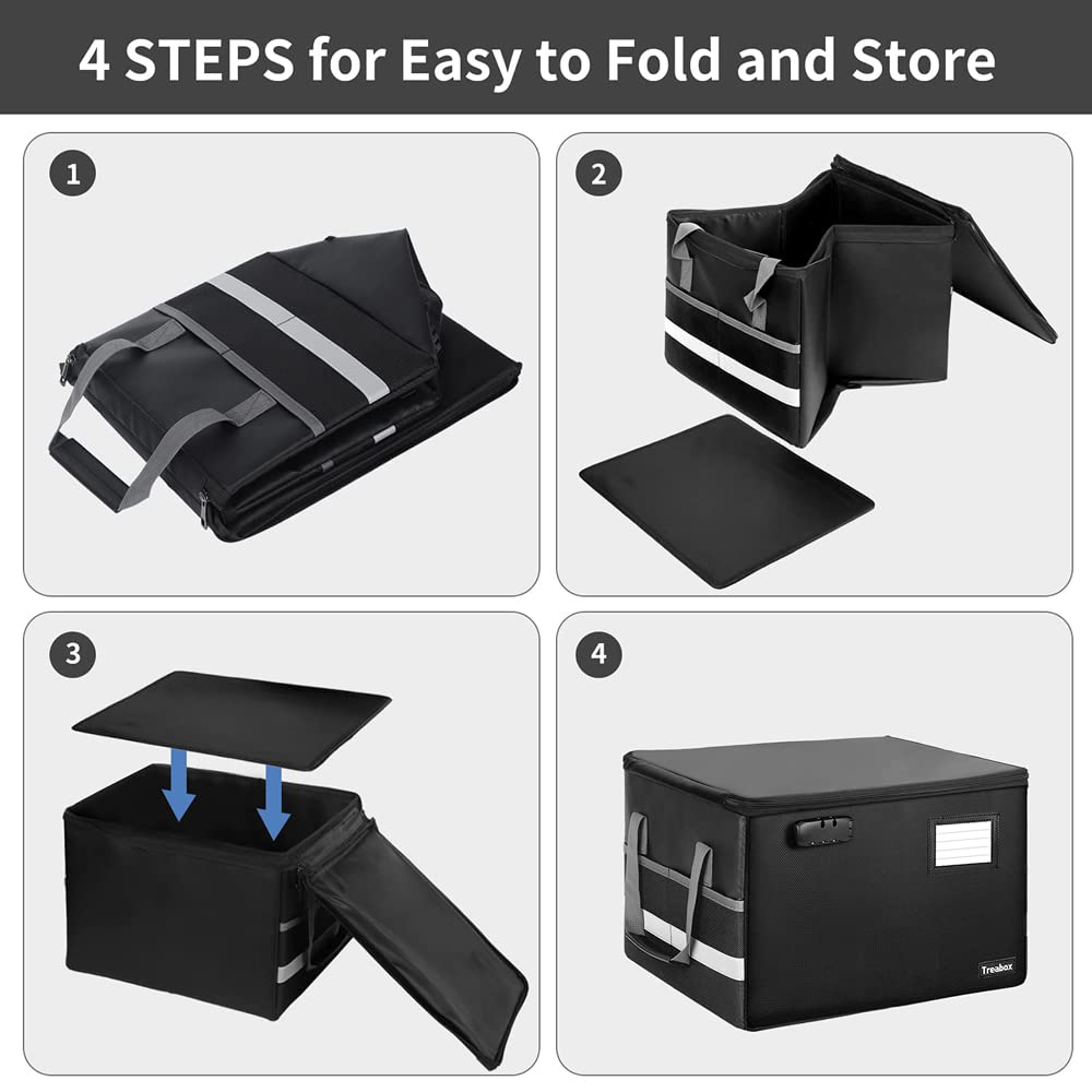 Treabox File Box with Lock, Fireproof File Storage Organizer Box with Lid, Collapsible Document Case,Portable Home Office Safe Box with Handle for LetterLegal Folder ,Black