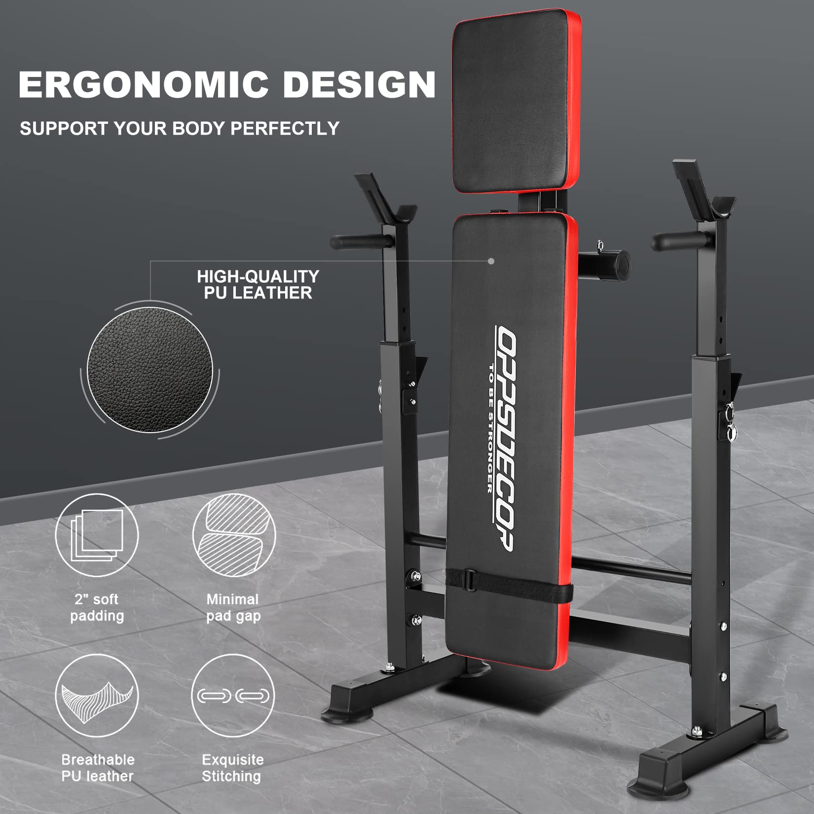 OPPSDECOR 8 in 1 650lbs Weight Bench Adjustable Workout Bench Set with Squat Rack Olympic Weight Bench Strength Training Leg Developer Preacher Curl and Barbell Rack Incline Seat for Home Gym OPX496