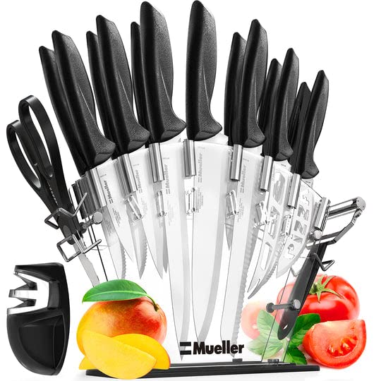 Stainless Steel Knife Set with Block - 17 Piece High Carbon Carving Set with Knife Sharpener, Bonus Peeler, Scissors, Cheese, Pizza Knife and Stand - by Mueller Austria
