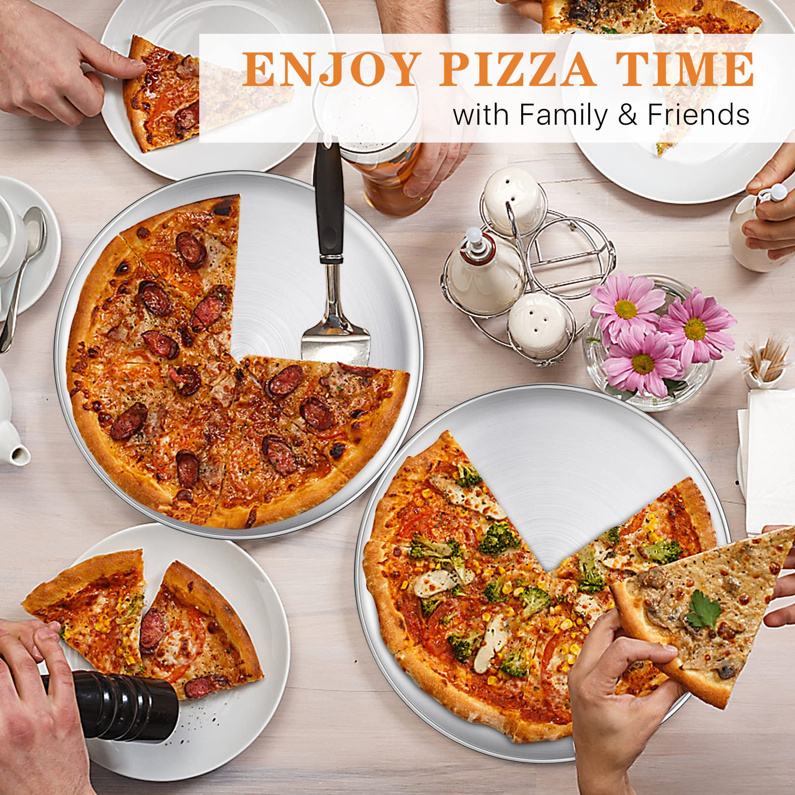 Worldity Pizza Serving Tray, 12 Inch Stainless Steel Pizza Pan, Food Grade Safe Pizza Pans, Round Pizza Tray for Oven, Pizza Plate for Pie, Cookie, Dishwasher Safe(4 Pack)