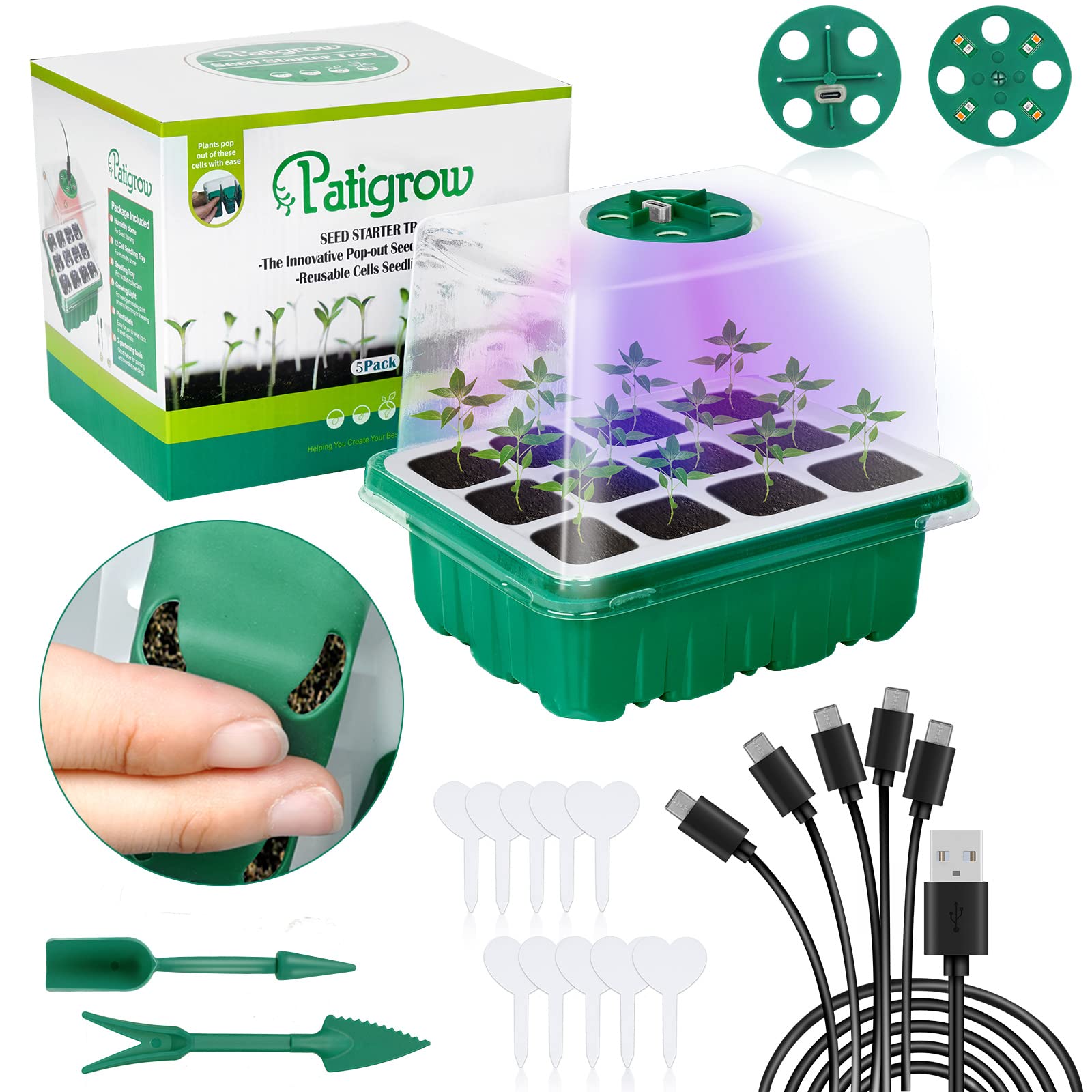 Patigrow 5 Pack Seed Starter Tray with Grow Light, Flexible Silicone 60 Cells Reusable Seed Starter Kit with Humidity Dome, Dishwasher Safe Seeding Starter Trays Indoor Greenhouse for Seed Starting