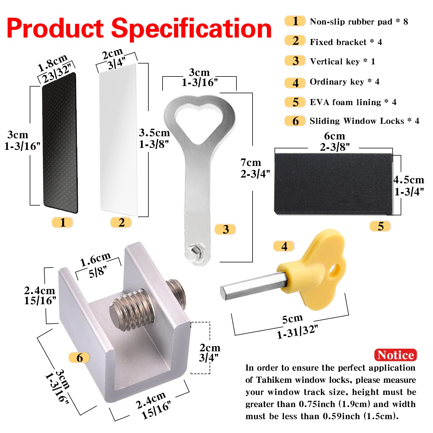 Tahikem 4 Sets Sliding Window Locks, Security Window Lock with Key, Aluminum Window Stoppers for Vertical & Horizontal Slide Door, Adjustable Security Locks, for Child Home Bedroom Double Hung Windows