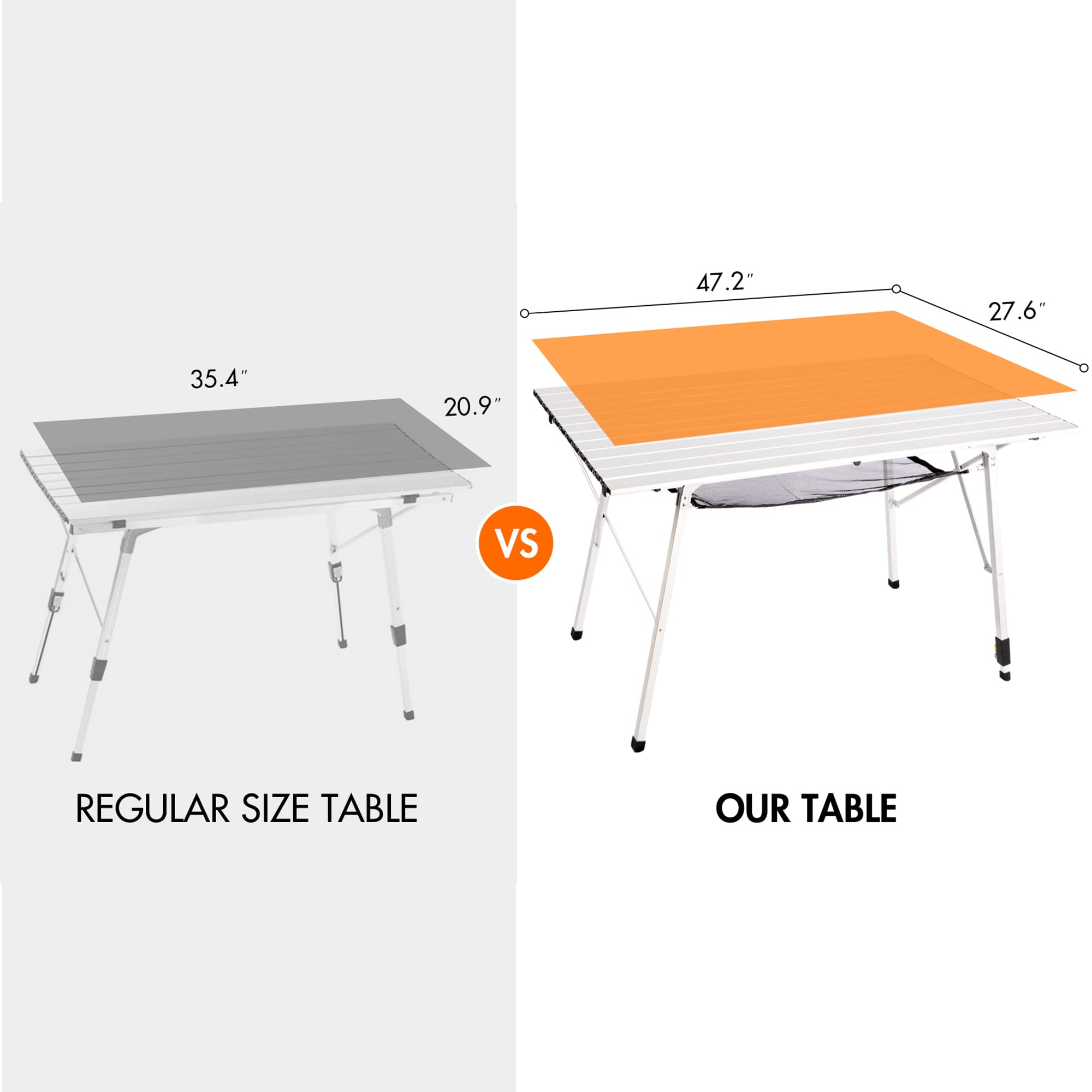 PORTAL Portable Camping Table Aluminum Folding Camp Table Roll Up Table with 1 Adjustable Leg, Mesh Layer and Carry Bag for Outdoor, Picnic, Grill, Kitchen, Silver, Large Space (47.2 x 27.6 inch)