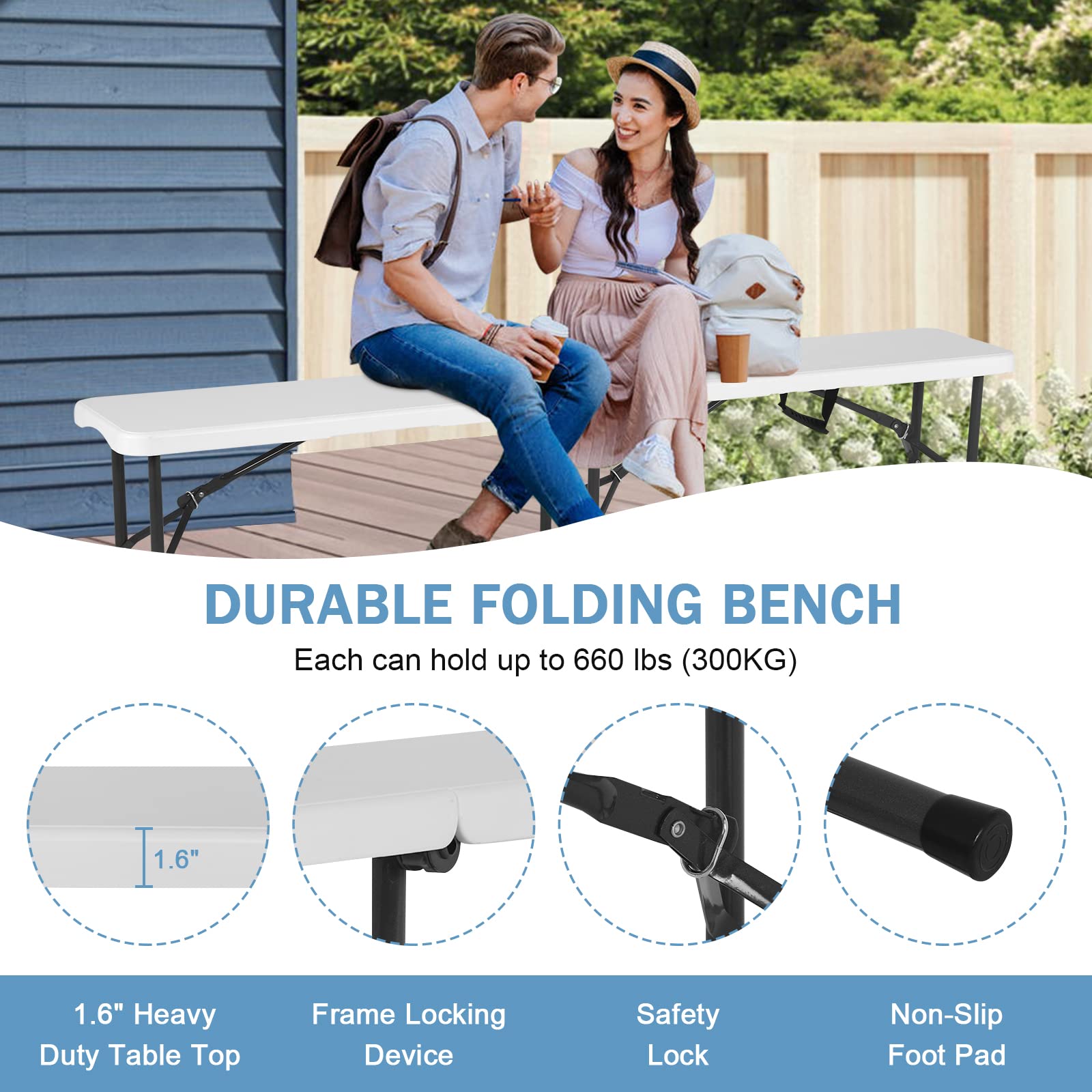 Plastic Folding Benches 6 Foot 2 Pack, Portable Outdoor Bench With Handle & Lock for Picnic Camping Dining Soccer Entertaining Activities, 660LBS, No Assembly